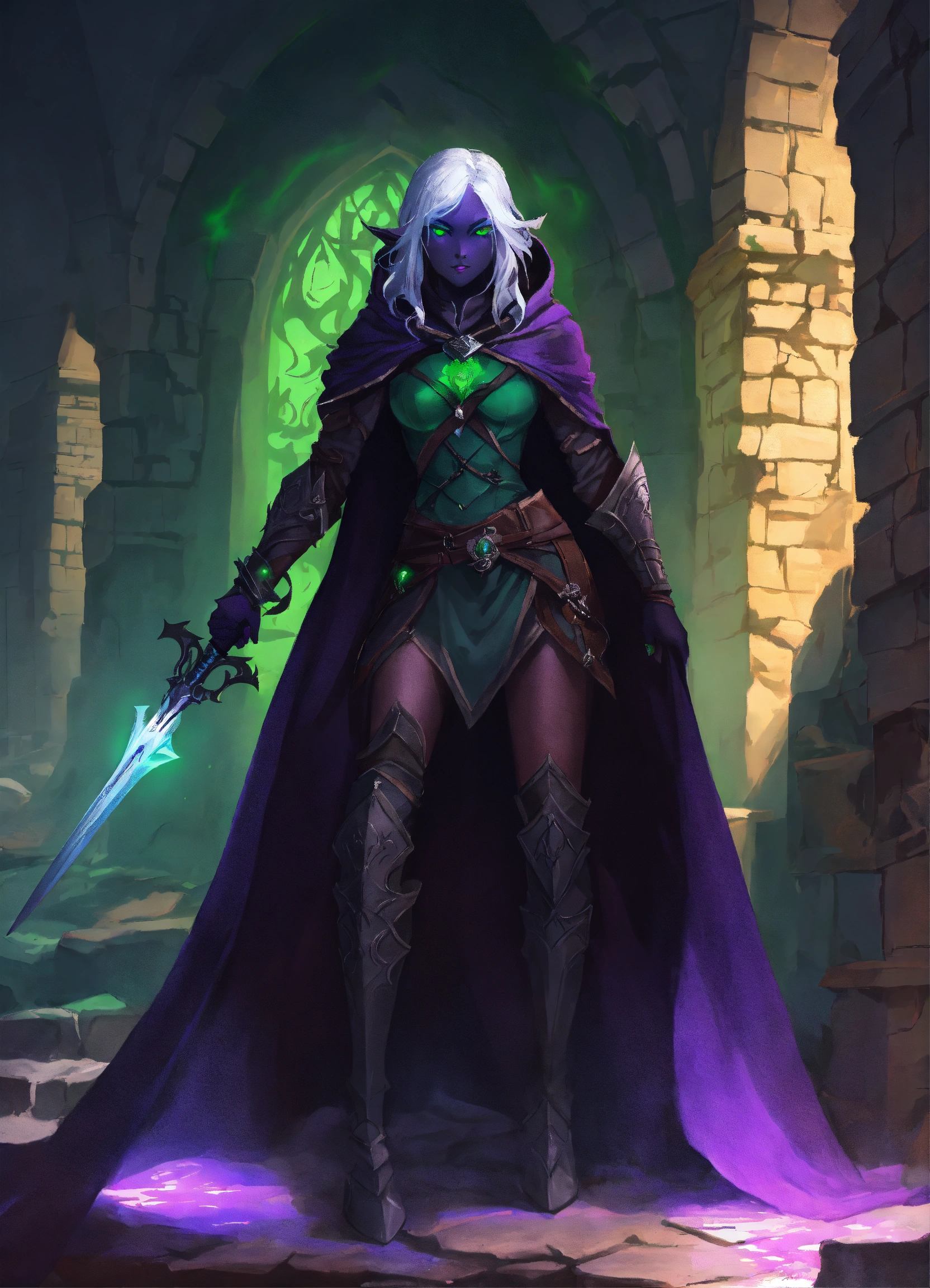 Lexica - Shadow dark female drow, green glowing eyes, with dark purple ...