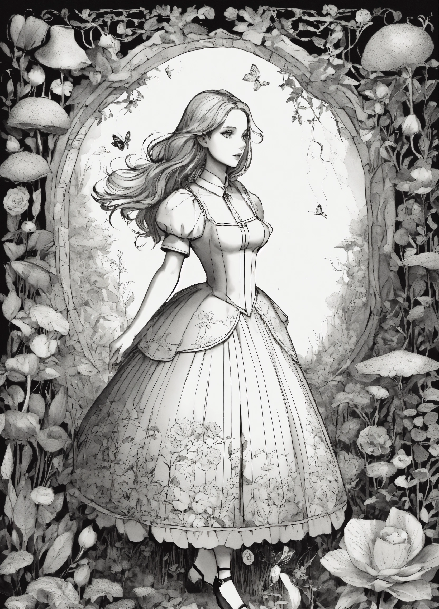 Lexica - Black and white illustration of beautiful Alice in Wonderland ...