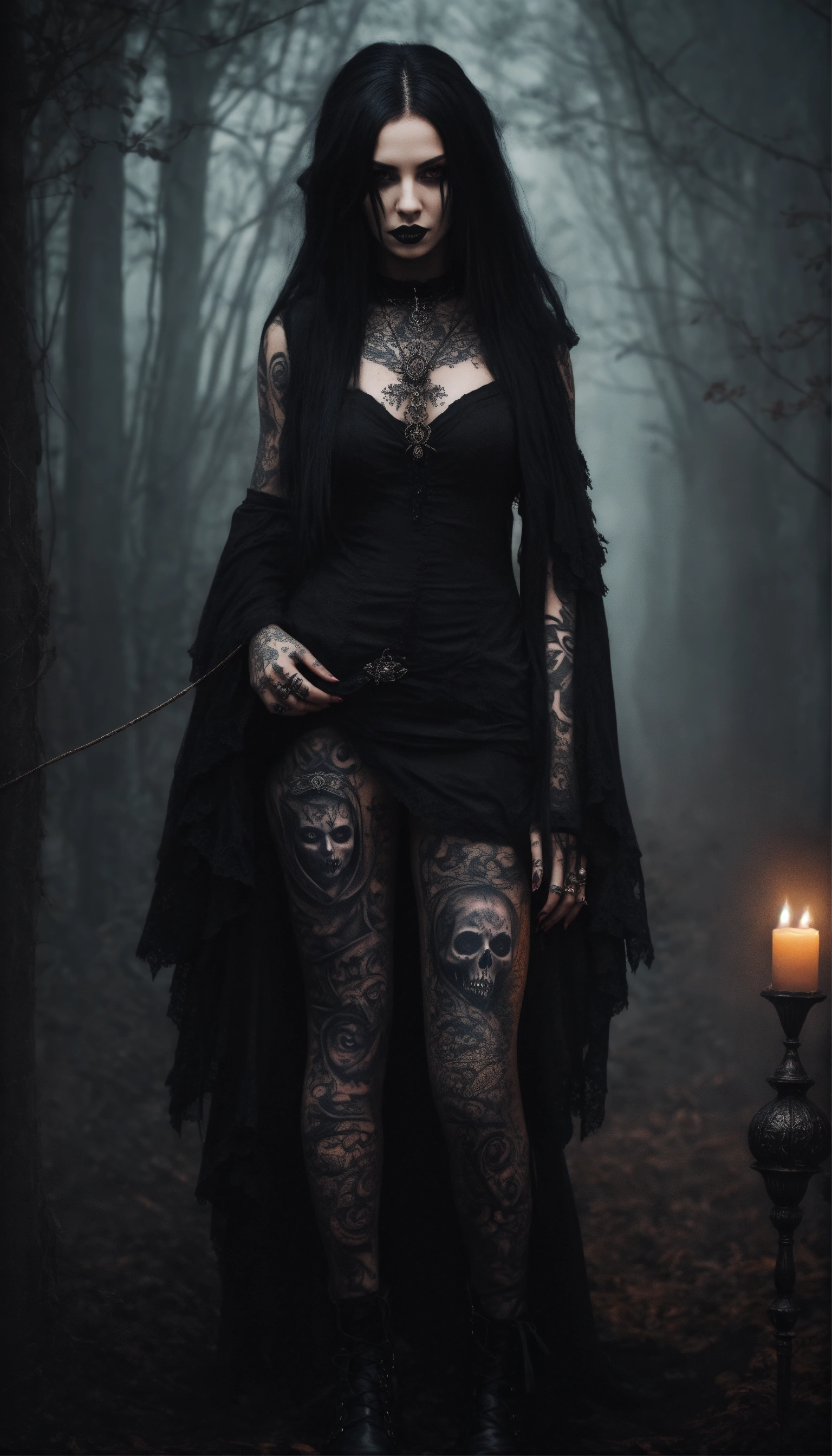 Lexica - A scary girl, full body, alabaster skin, long crazy black hair ...