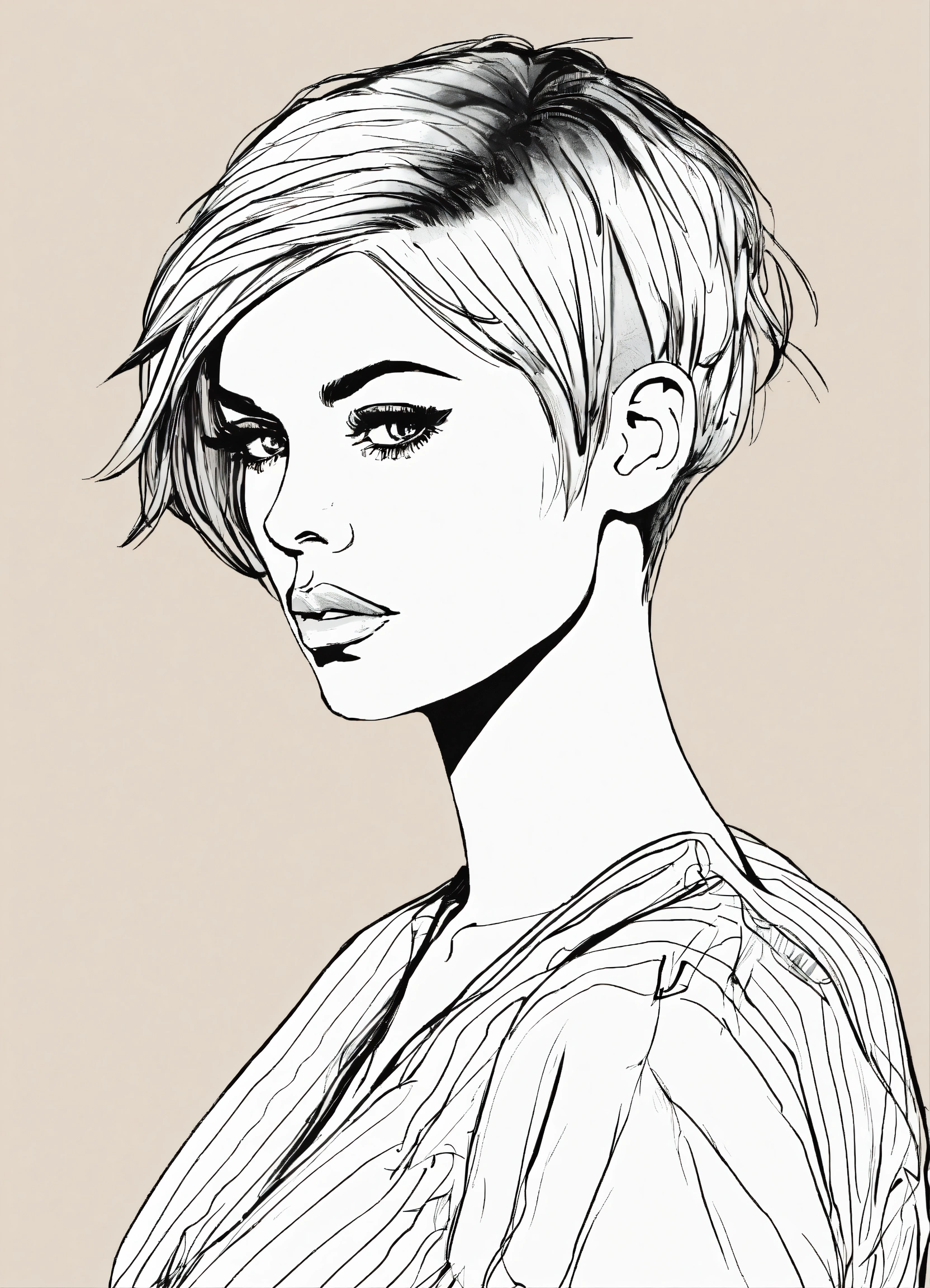 Lexica - Black and white line drawing, woman, buzzed haircut, upper ...