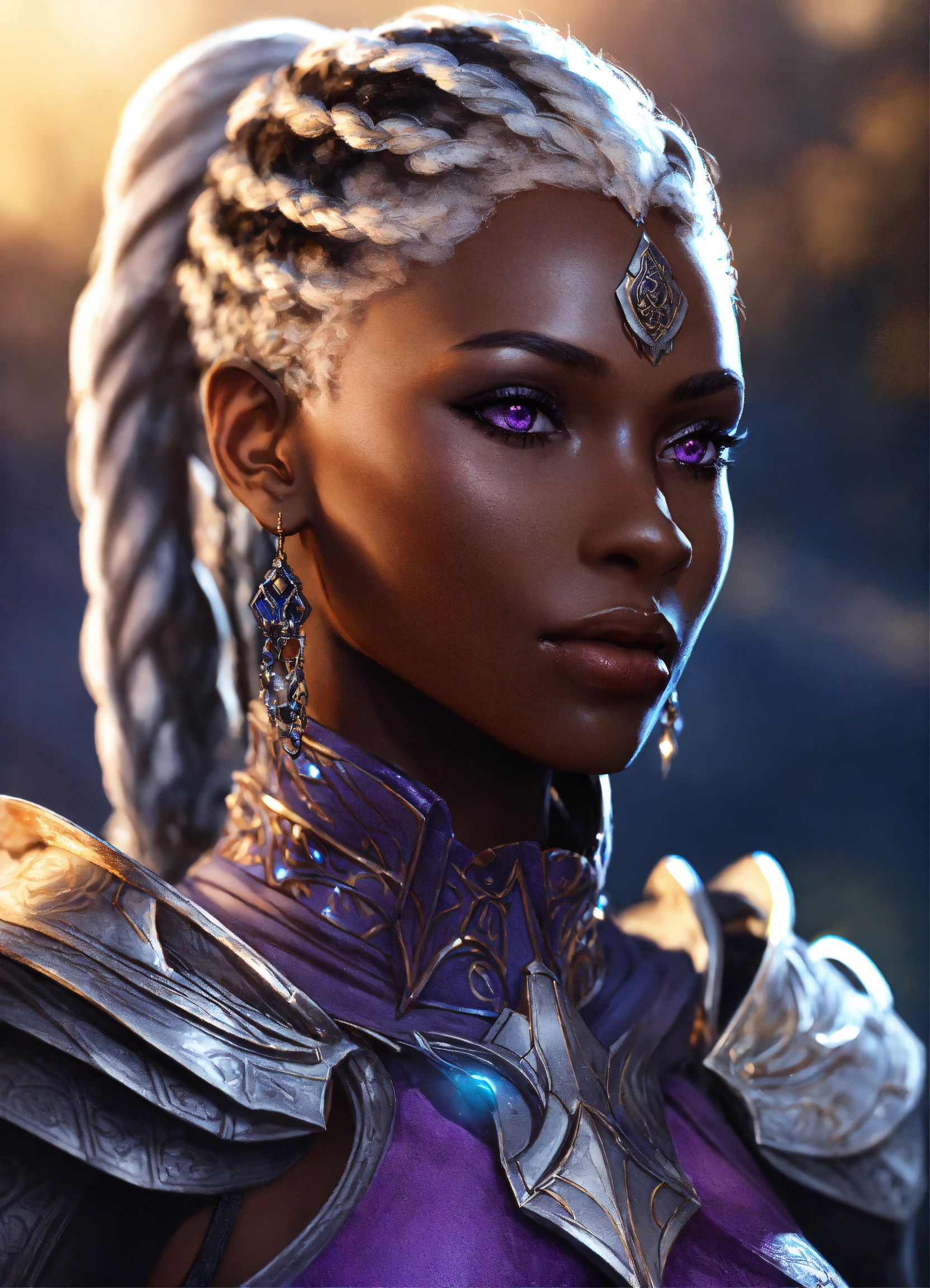 Lexica - A beautiful drow woman in sun themed armor. she has braids and ...