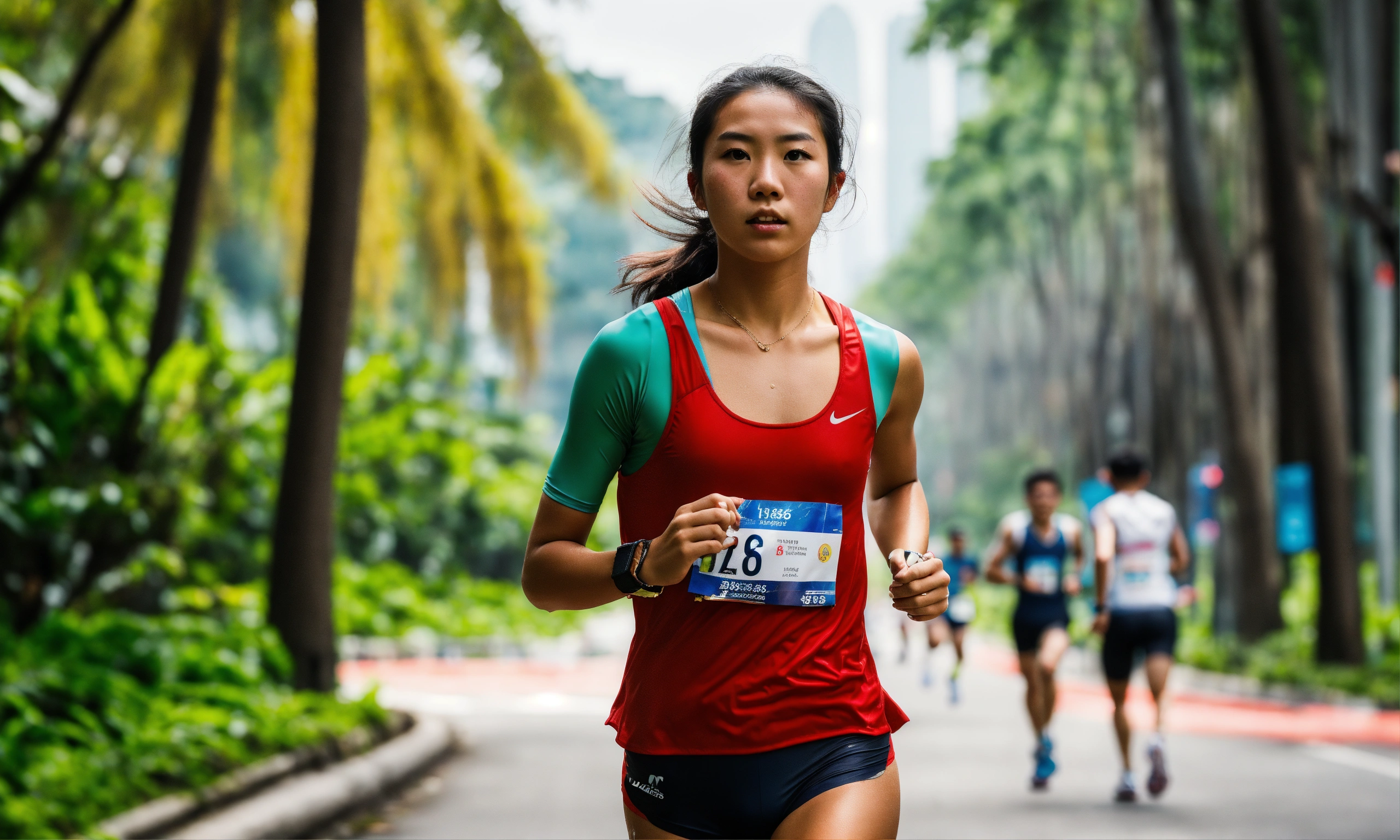 Lexica - Mid-day at a world marathon event in Singapore, ultra close-up ...
