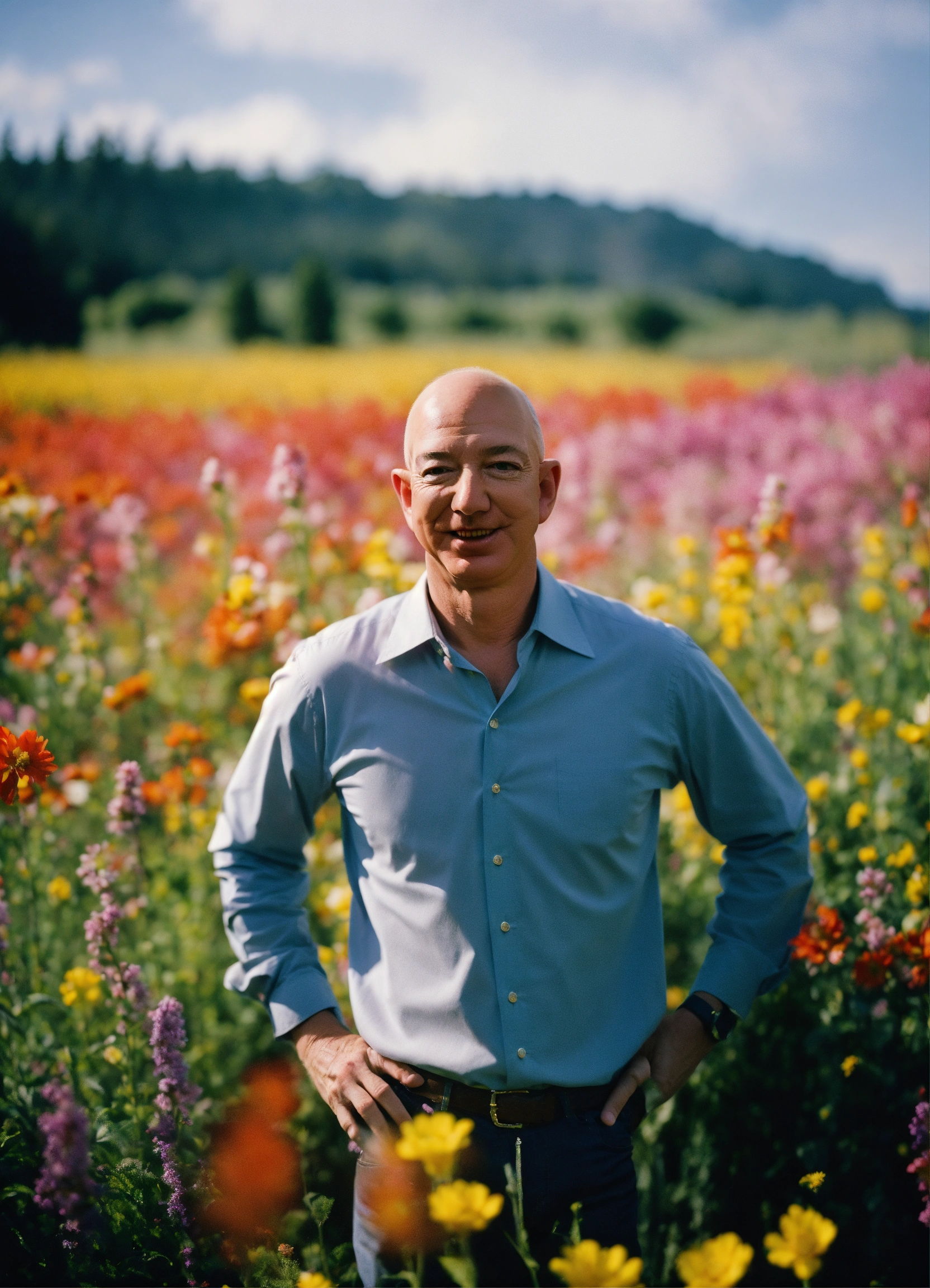 Lexica - Happy Jeff Bezos standing in a beautiful field of flowers ...