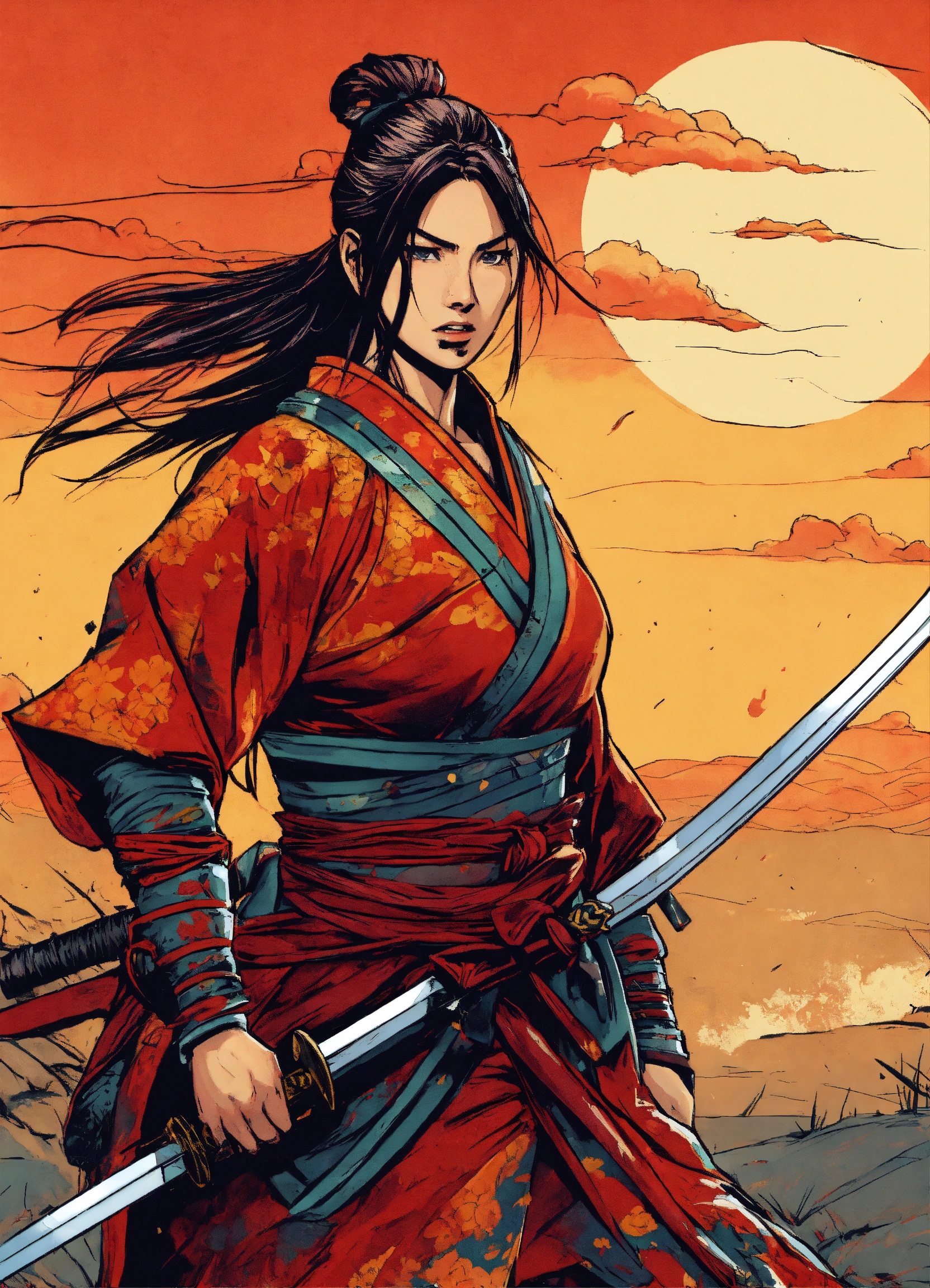 Lexica - Female samurai in battlefield, modern comics style