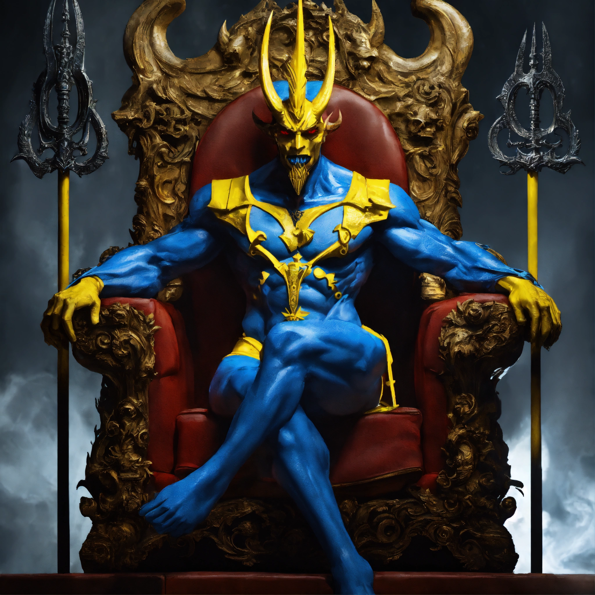 Lexica - Evil demonic yellow and blue devil, holding a trident, sitting ...
