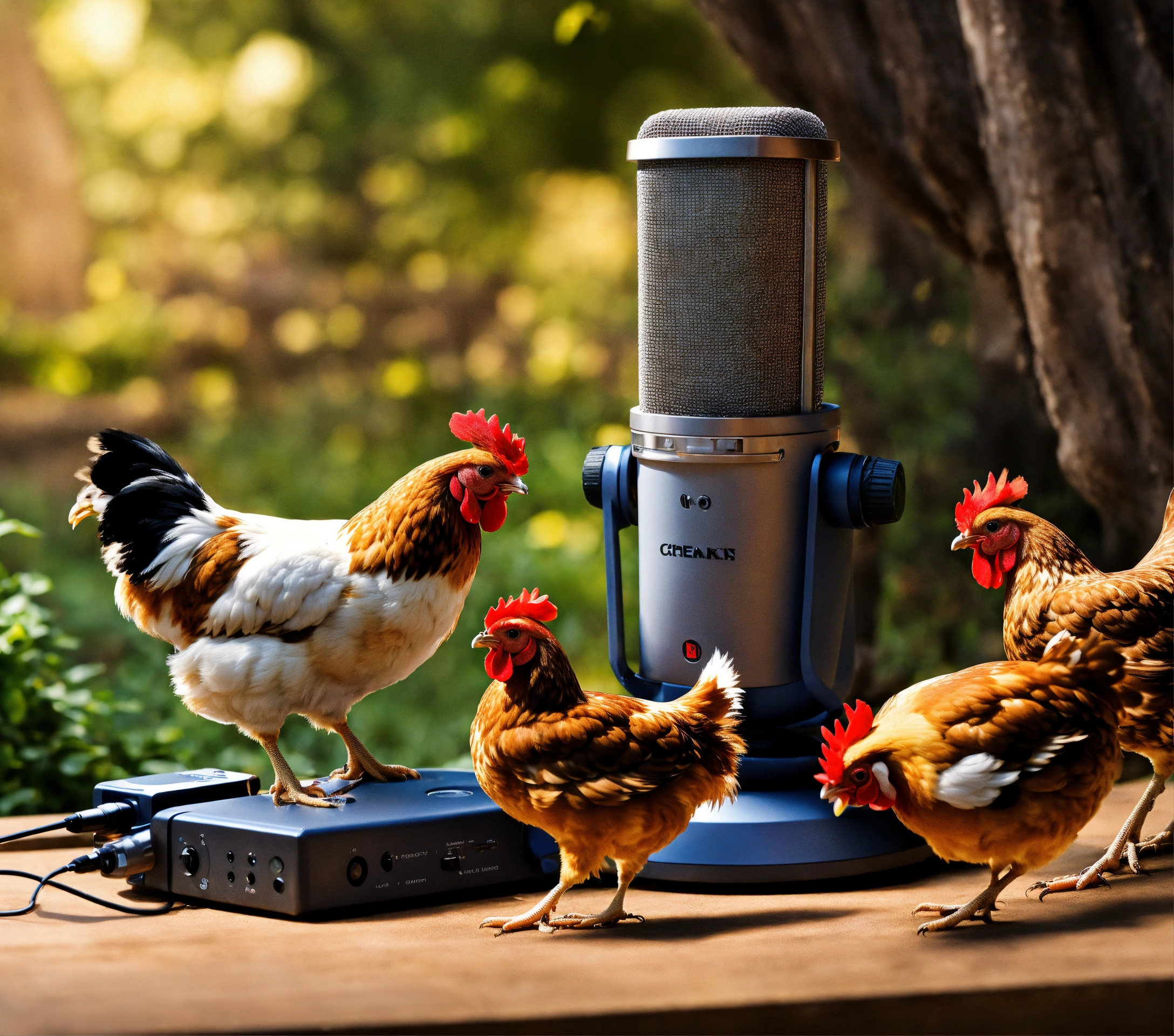 Lexica - Extremely photorealistic picture of chickens and a microphone ...