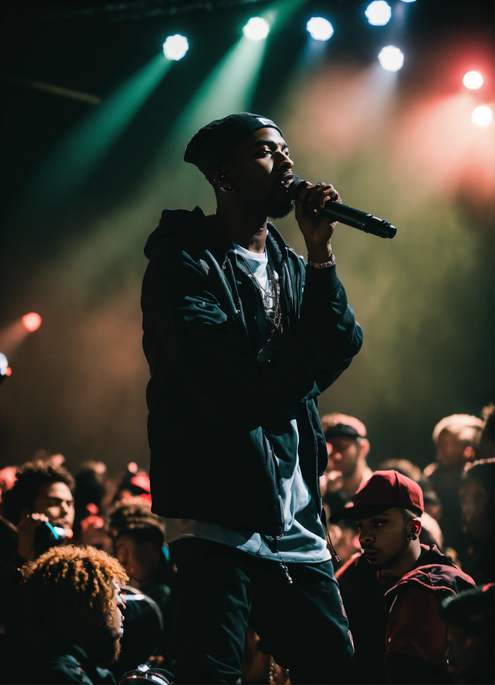 Lexica - Rappeur habillé toute en noir sur une scène de concert devant ...