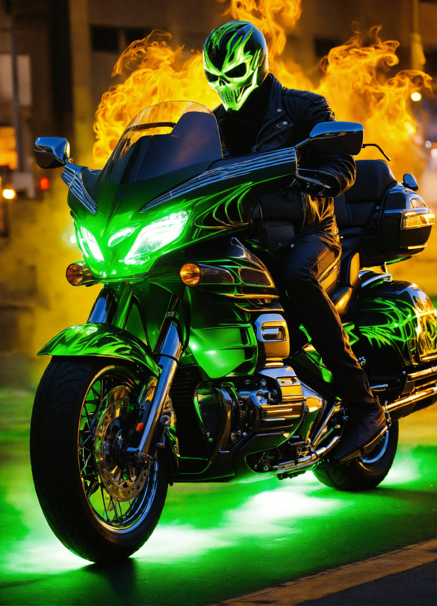 Lexica - Ghost Rider sitting on a Honda Goldwing, green flames, full ...