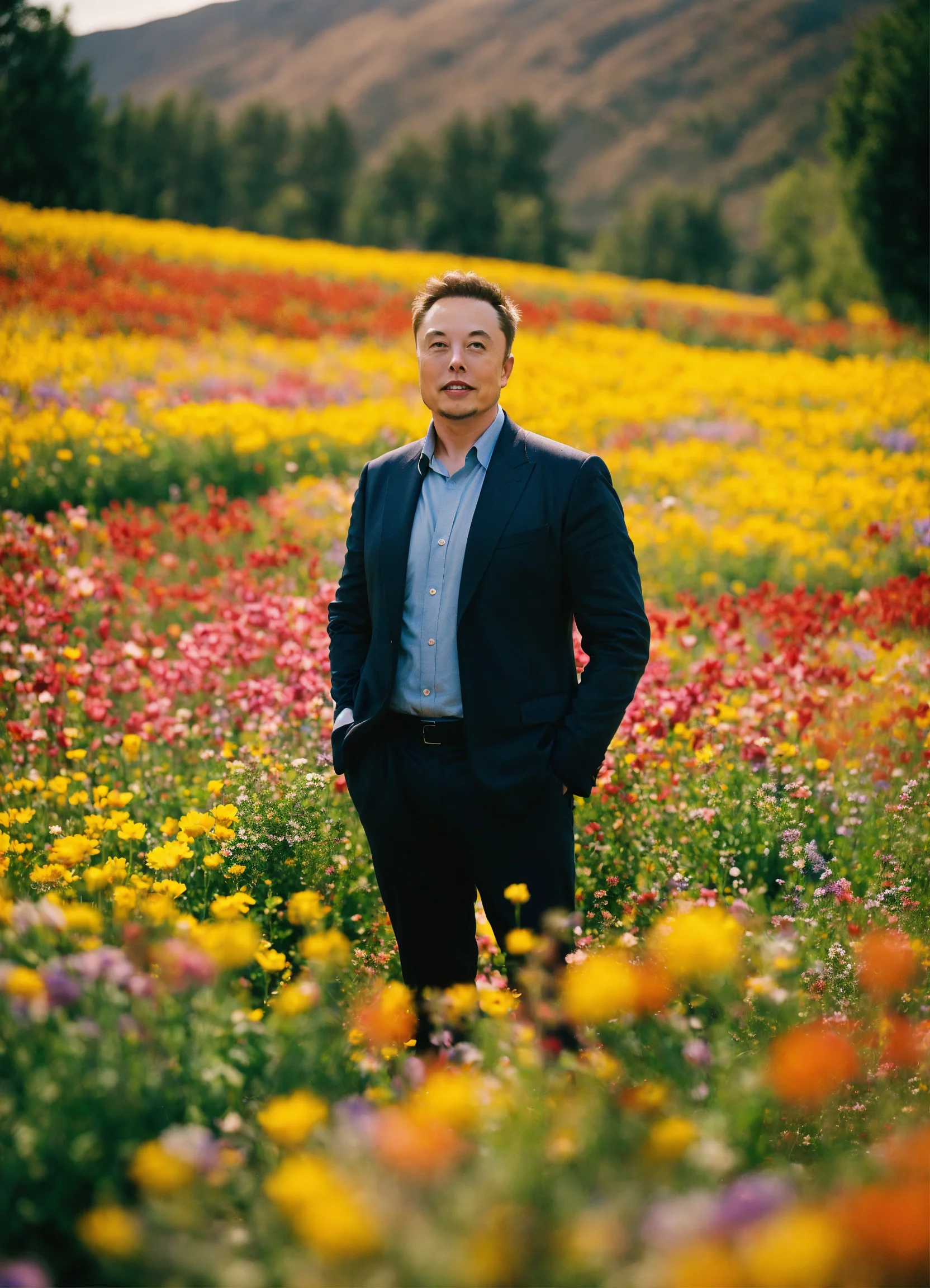 Lexica - Happy Elon Musk standing in a beautiful field of flowers ...