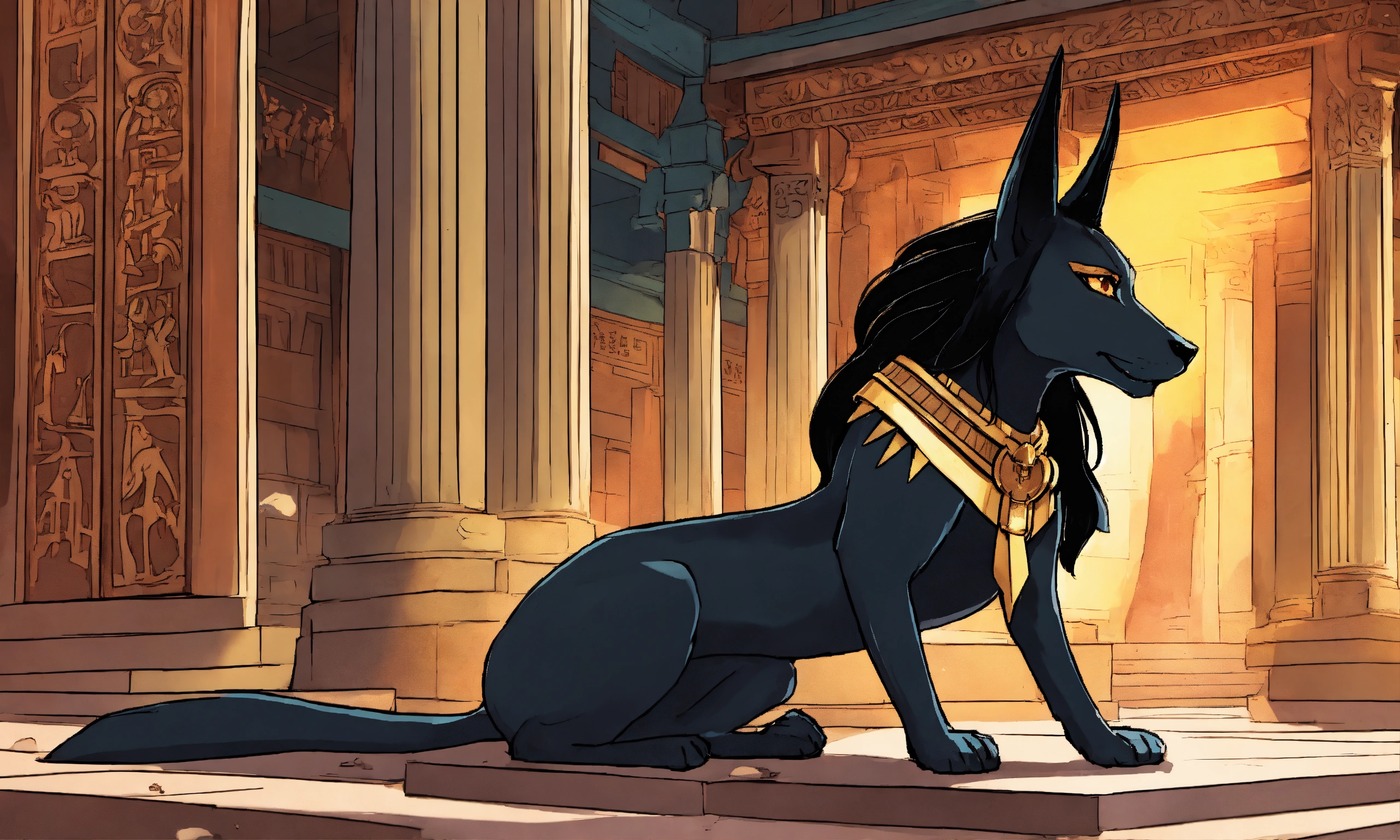 Lexica - Black long haired Anubis at a temple. comic