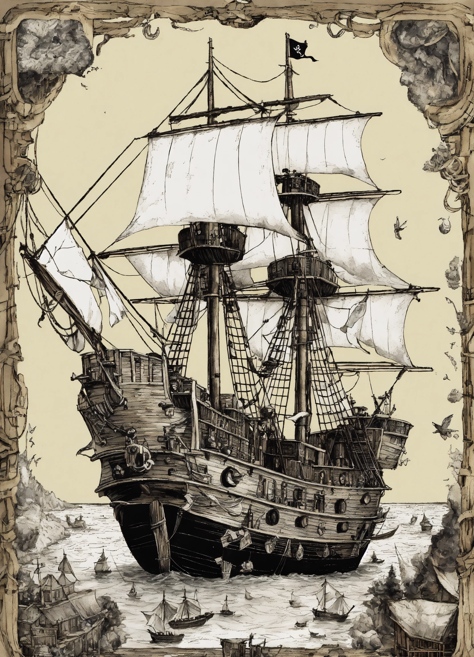 Lexica - Pen and ink image of a pirate ship with lots of elements from ...