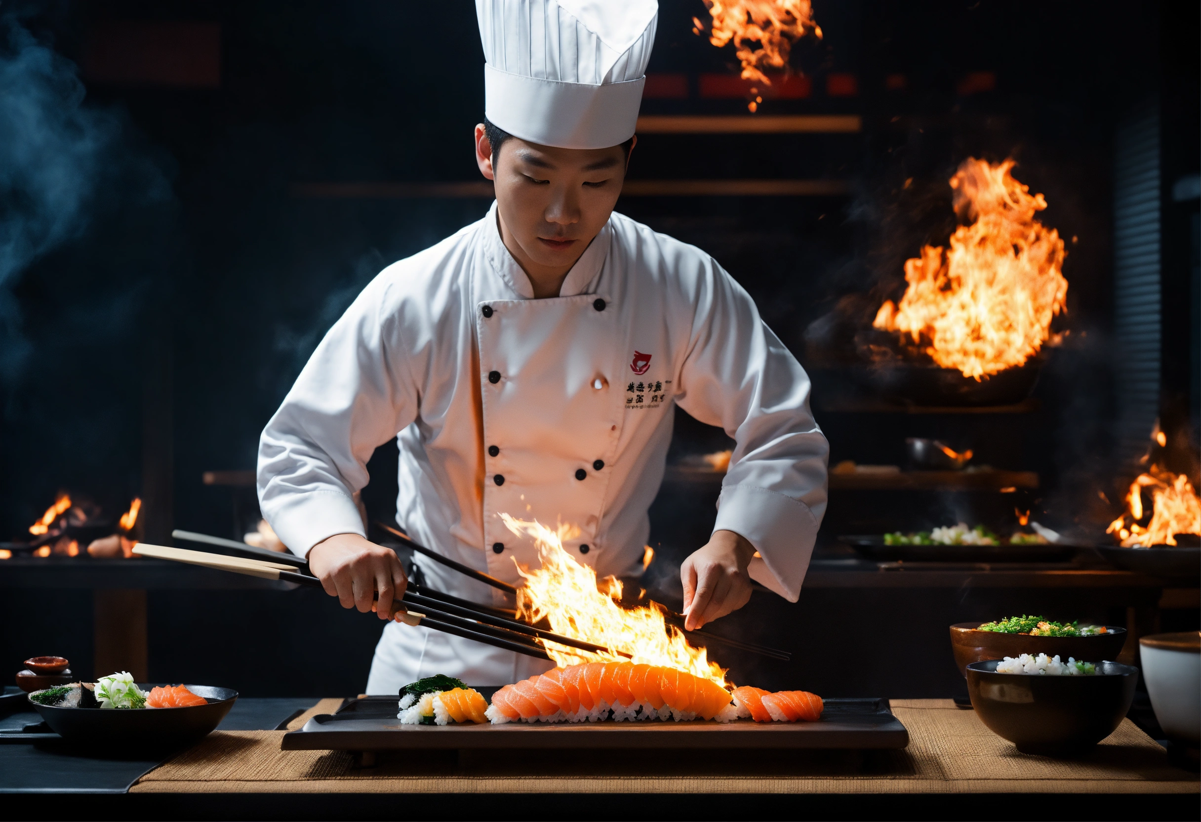 Lexica - Sushi chef with white clothes, cooking in teppanyaki table ...