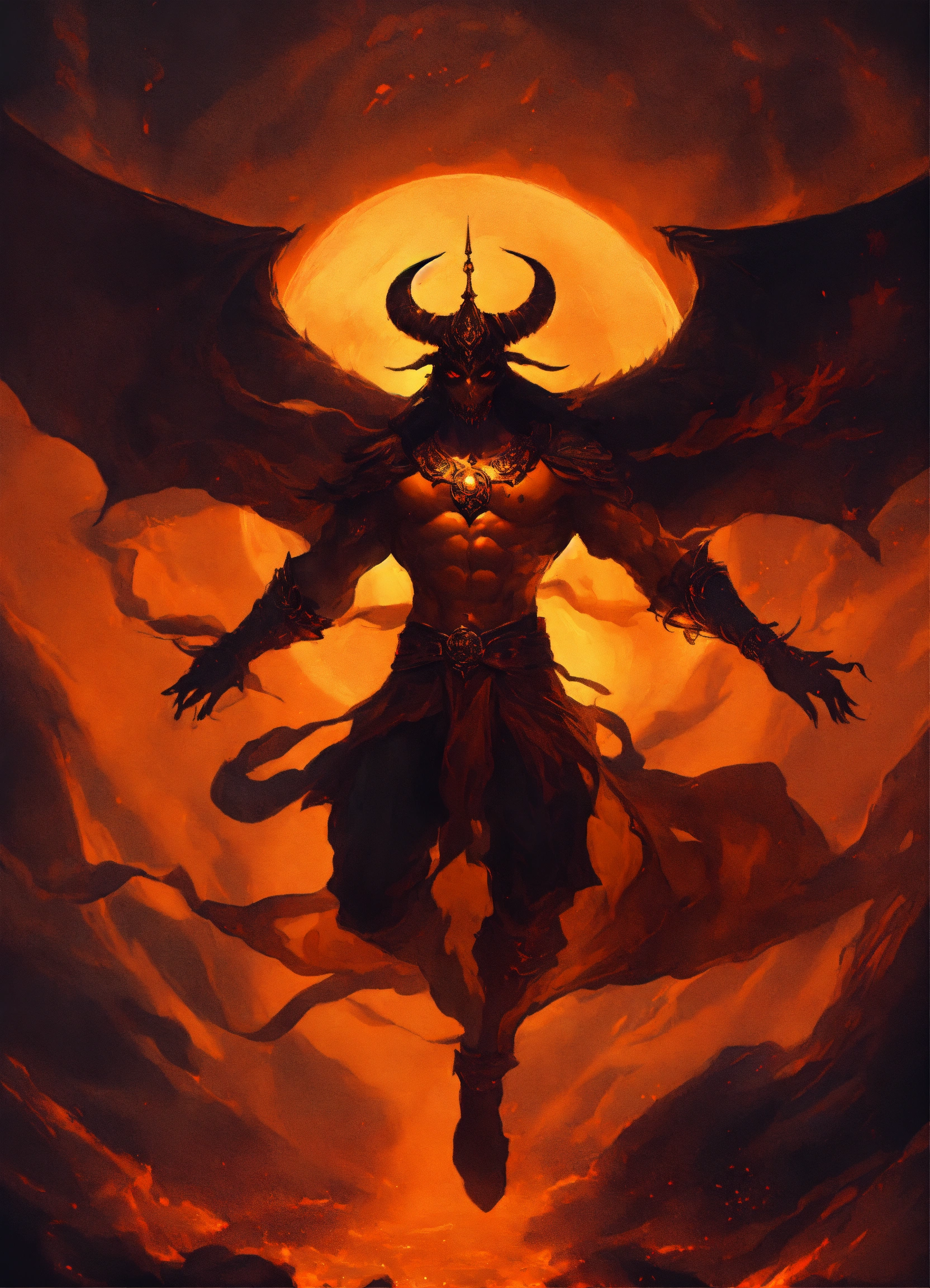 Lexica - A scary dark jinn flying,backdrop dark,orange smooth colors bright