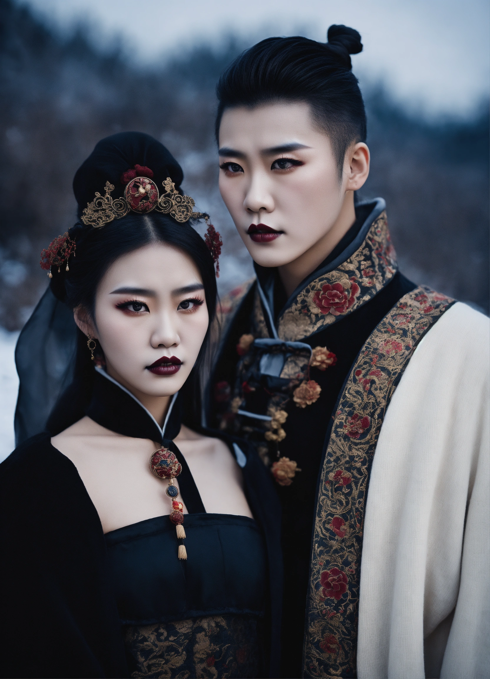 Lexica - Chinese man holding chinese woman, gothic beauty, white ...