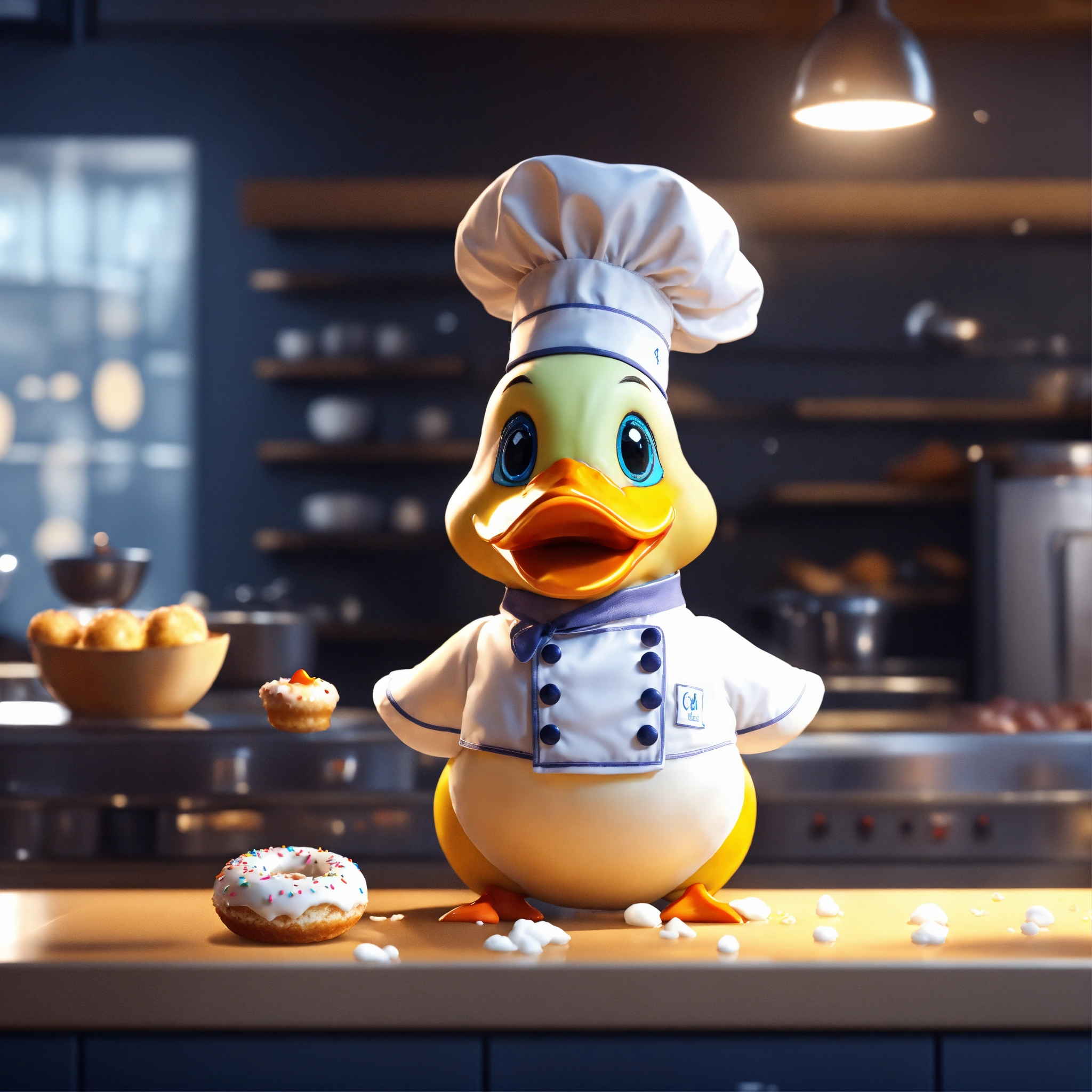 Lexica - A cute duck wearing a chef uniform, falling into a donut ...