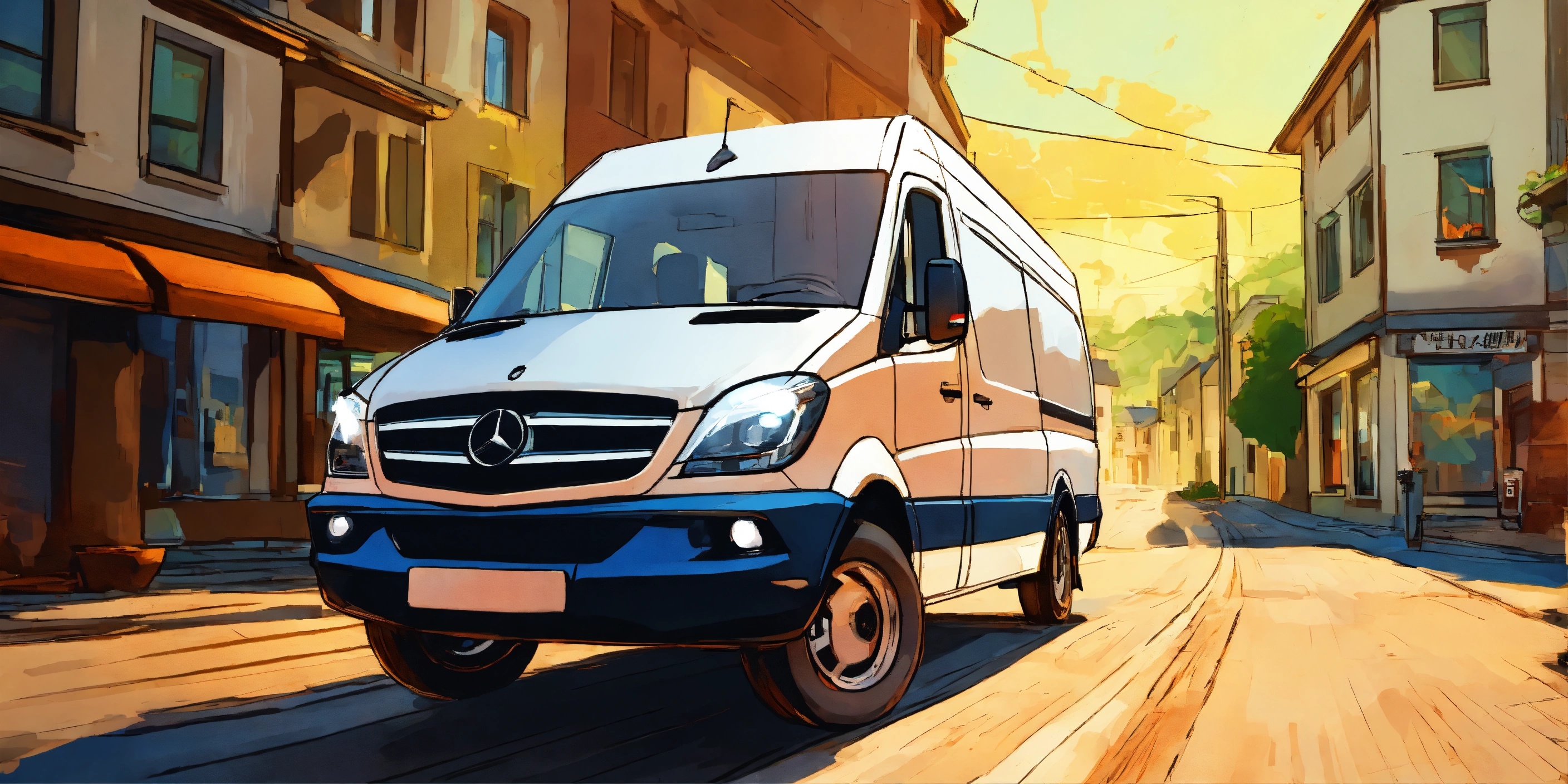 Lexica - A white sprinter is driving in full speed at a street inside a ...