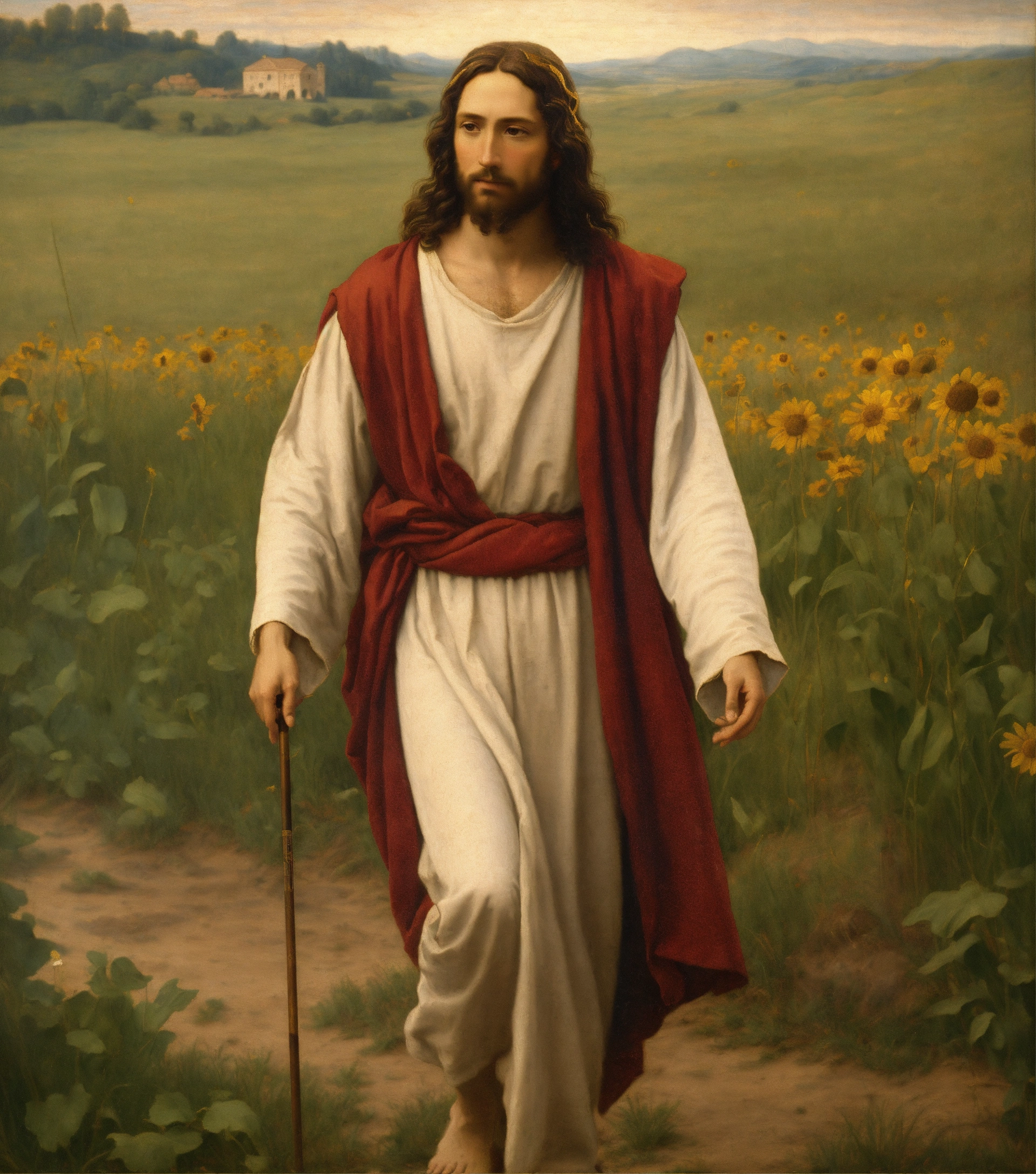 Lexica - Renaissance portrait painting of jesus walking on a field