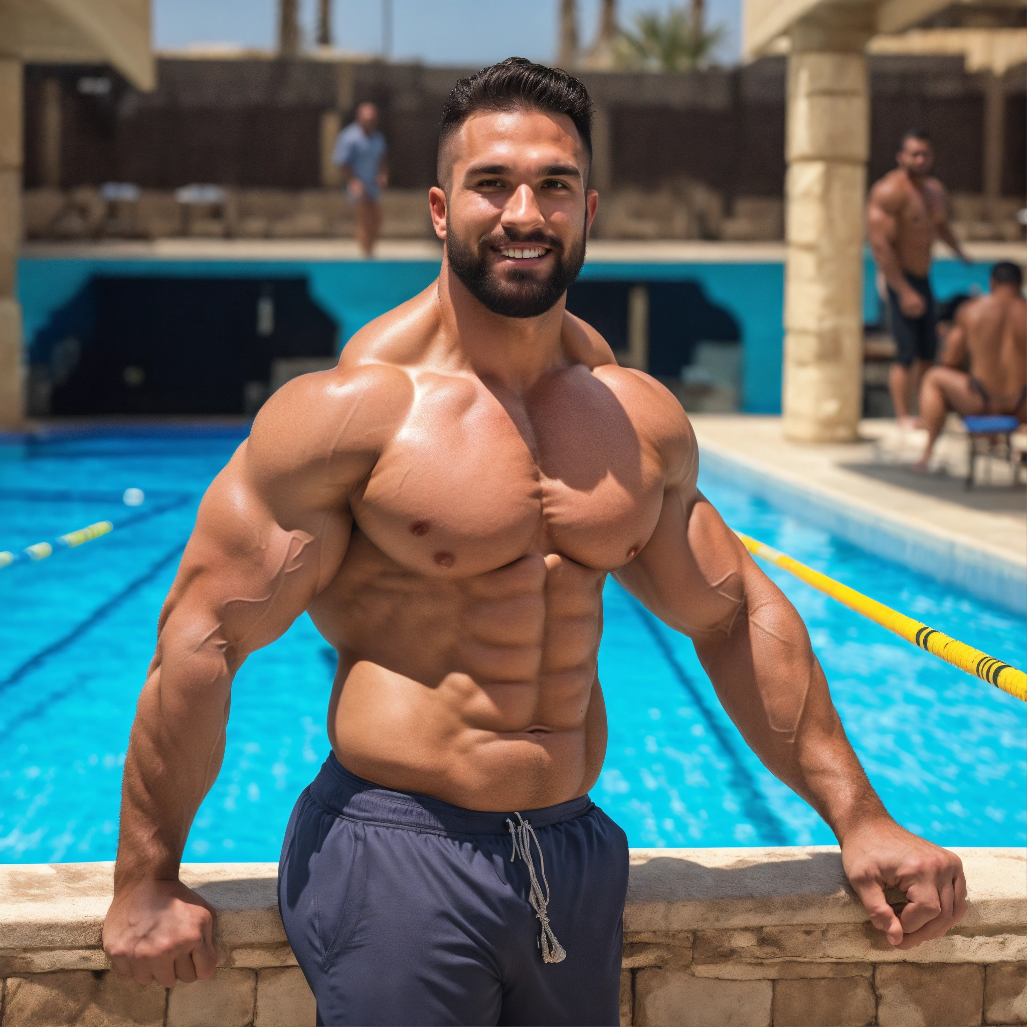 Lexica - 30-year-old man with big muscles, big bodybuilder, body like a wrestler, in a pool ...
