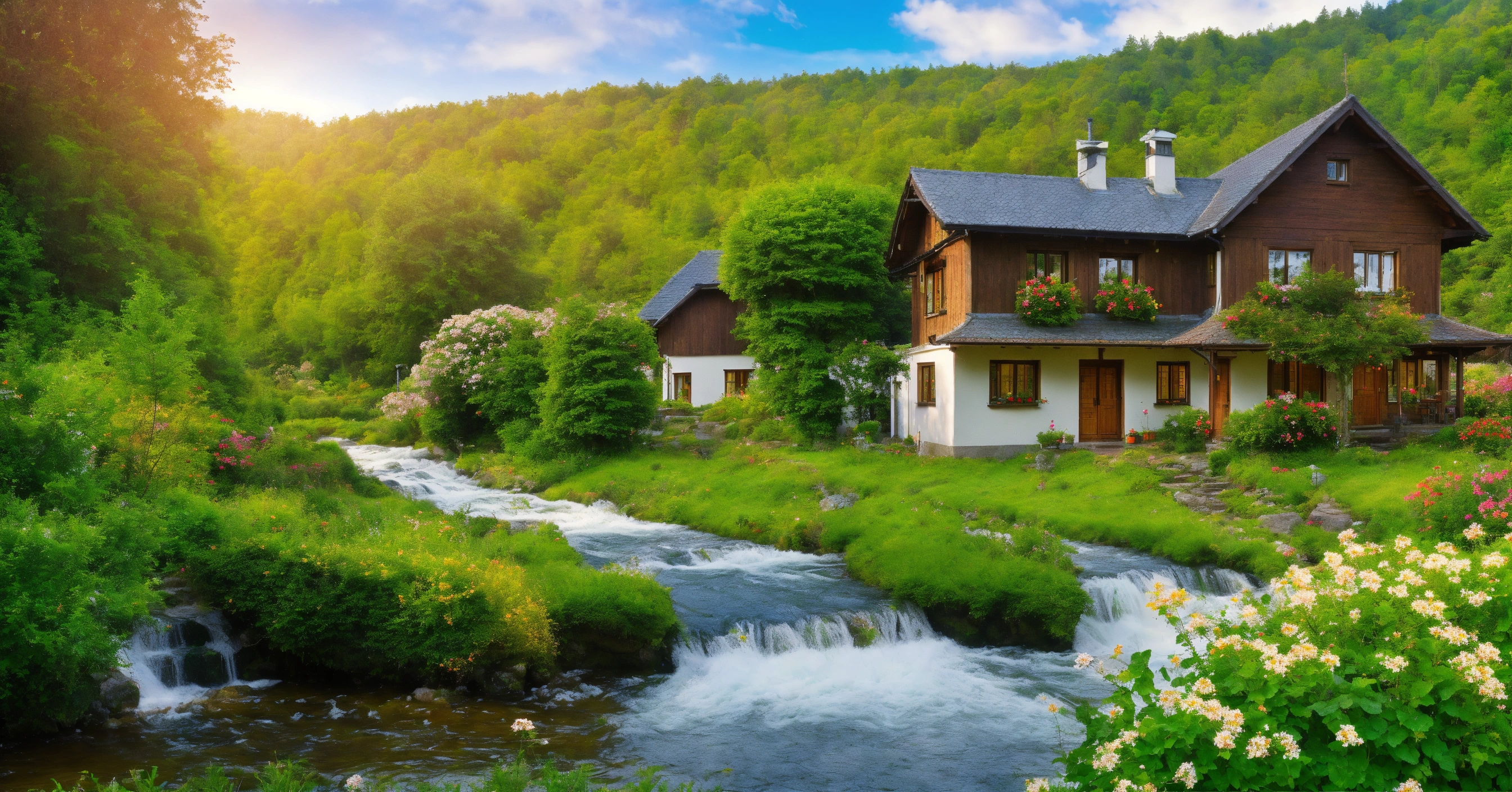Lexica - Country side house, many footpaths with neat hedge flowers ...