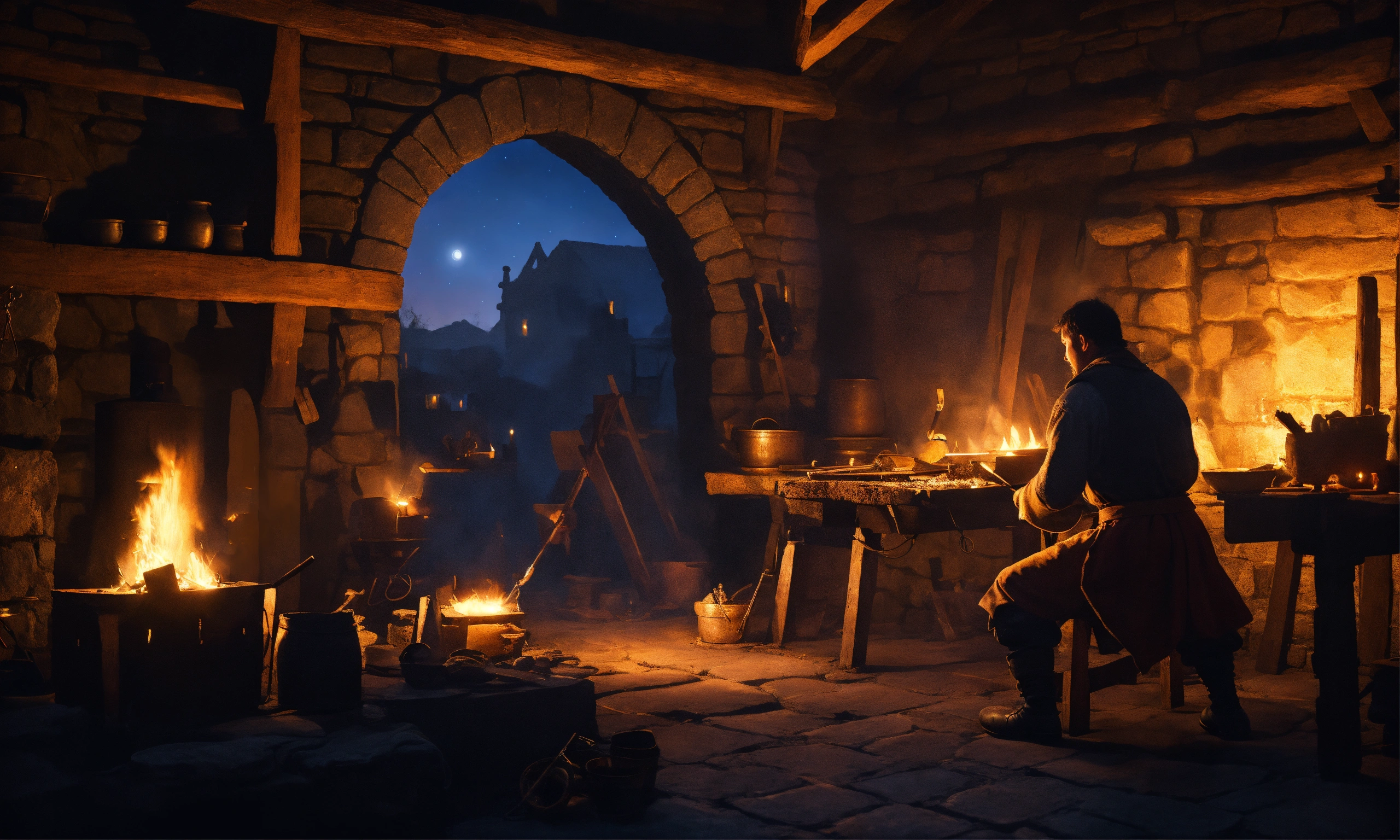 Lexica - Blacksmith in medieval times during the night illuminated by ...