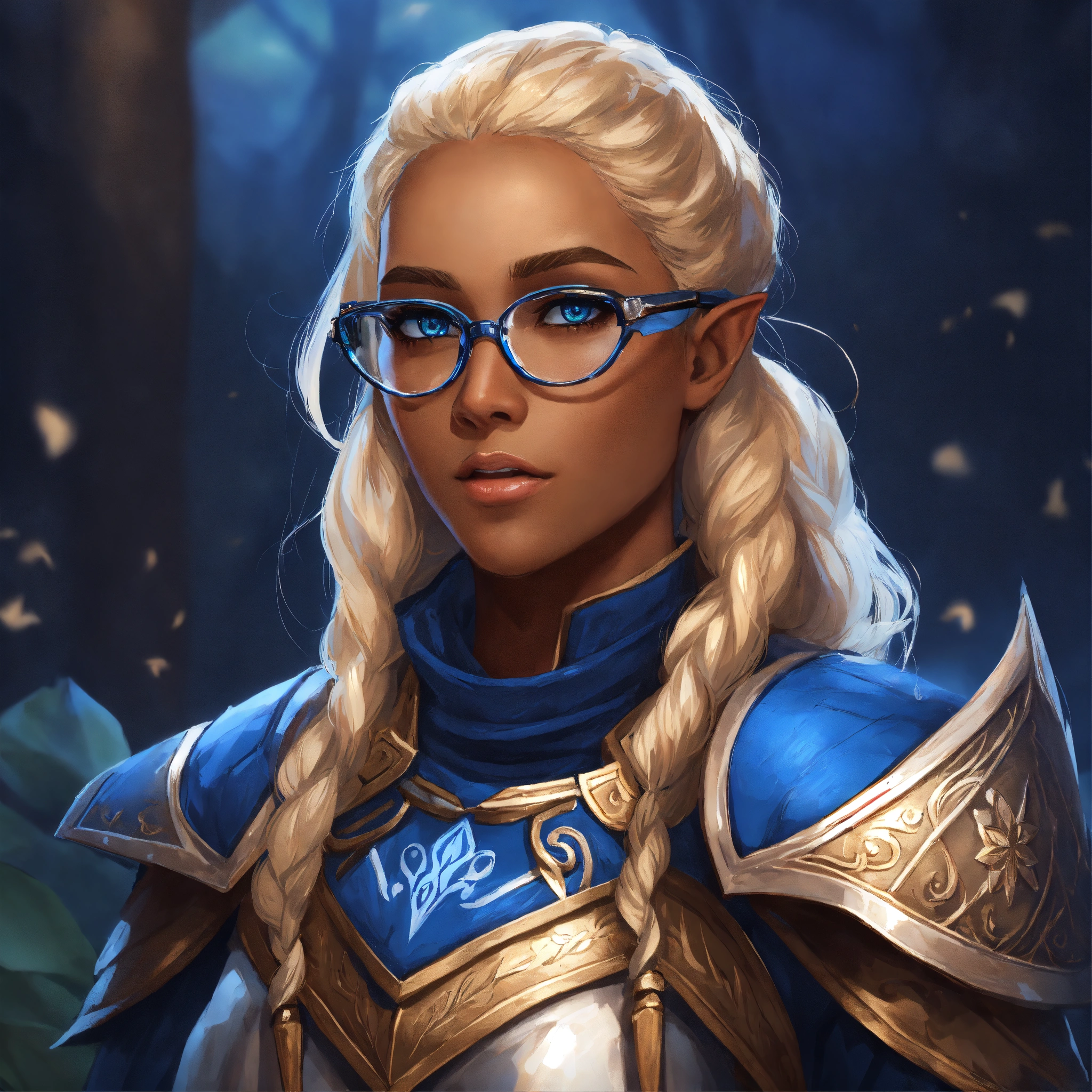 Lexica - A very brown skinned half elf woman, wearing glasses with deep ...