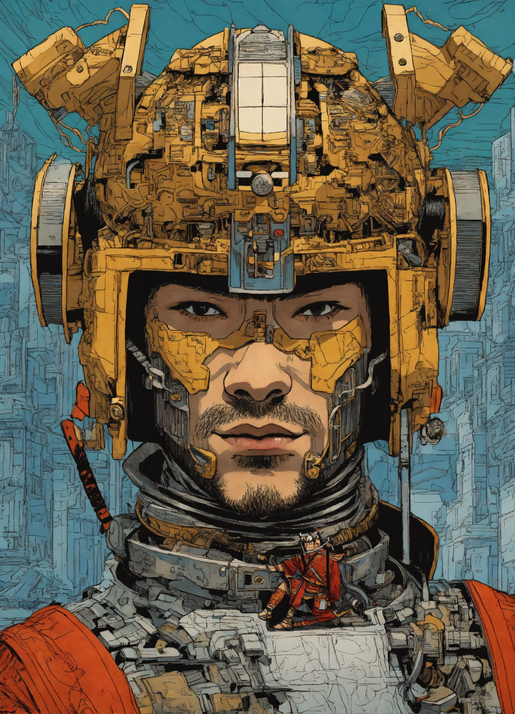 Lexica - Detailed pen and ink illustration of a samurai cyborg, head ...