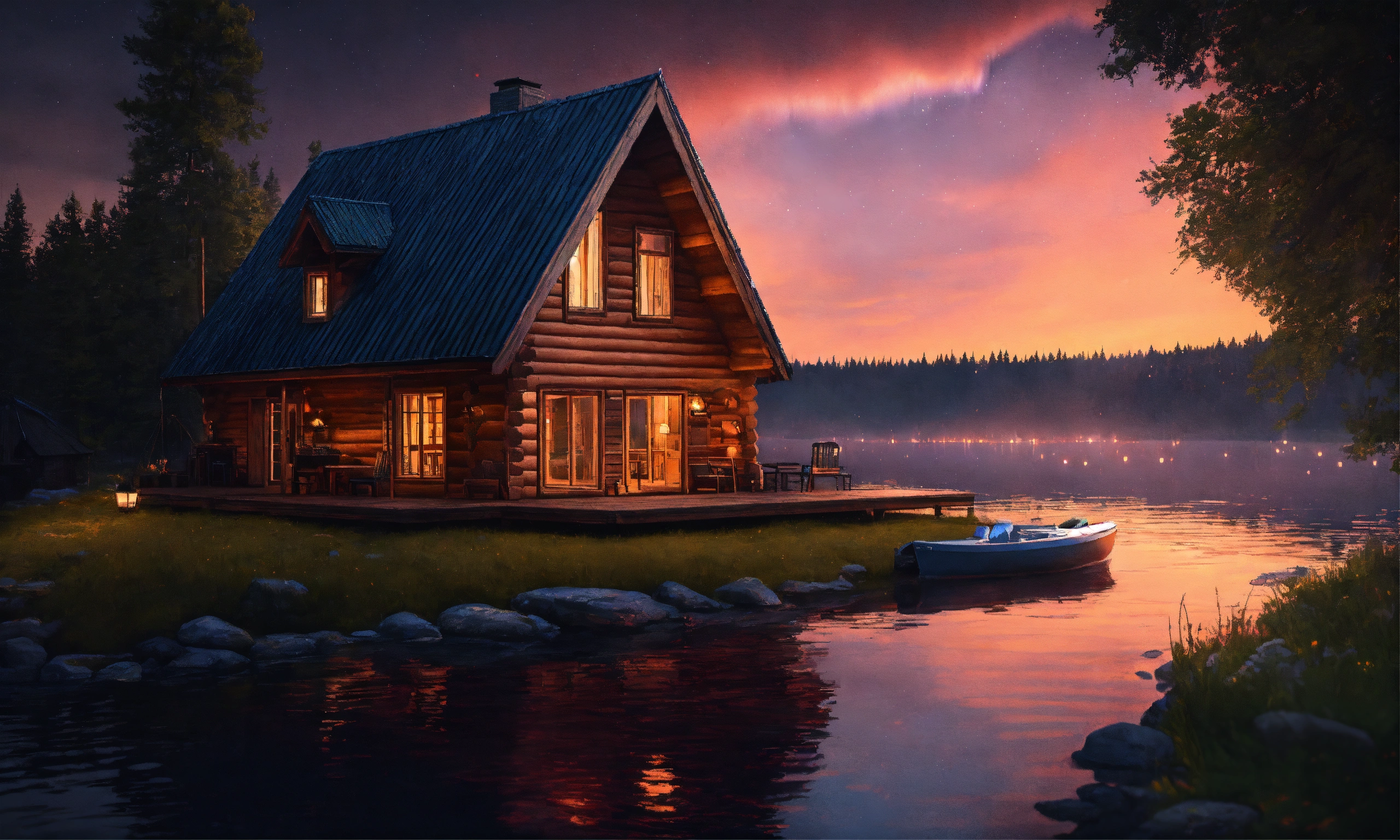Lexica - Epic shot of very cozy wooden cabin and an detailed and ultra ...