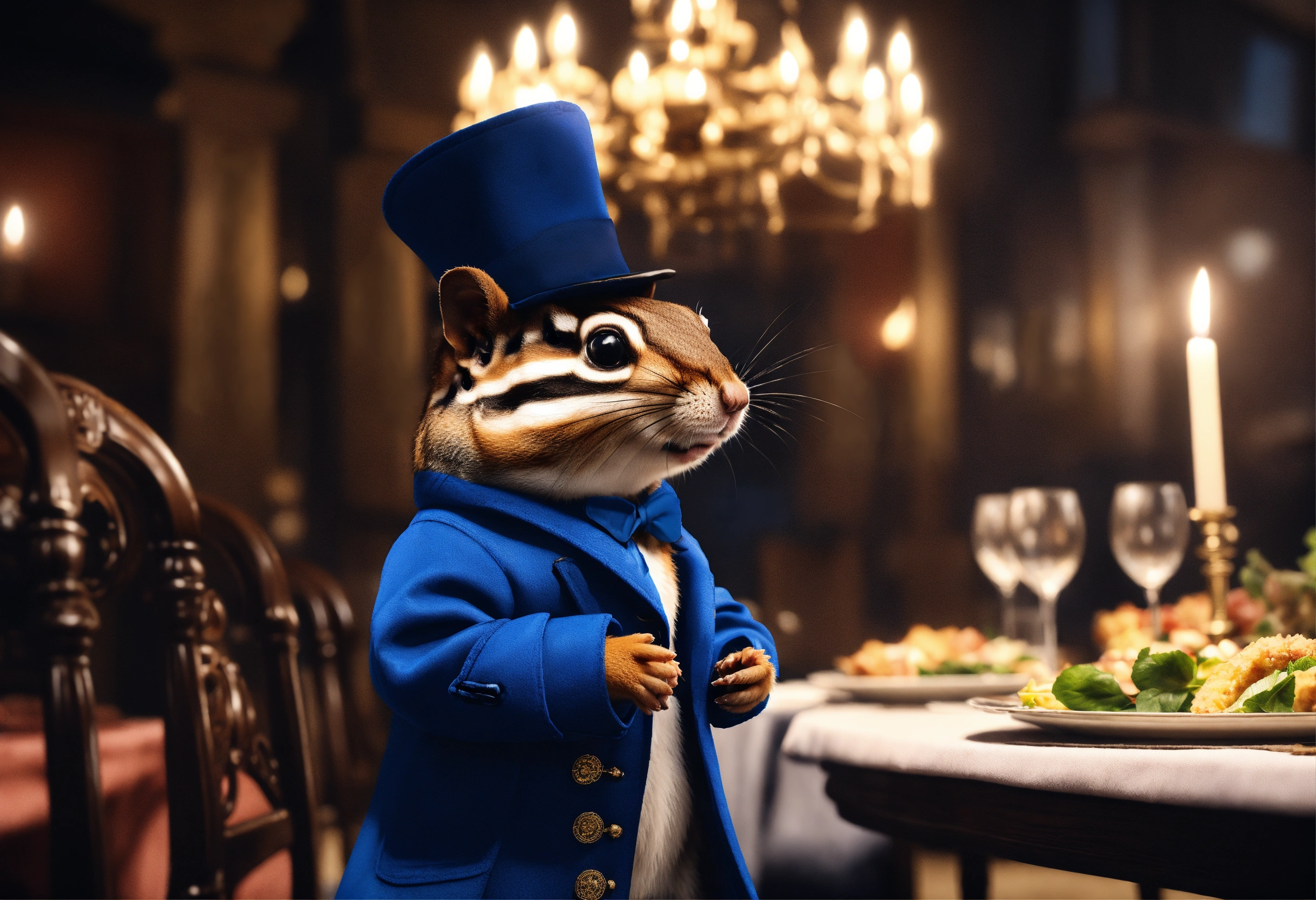 Lexica - A chipmunk wearing a blue victorian coat at a dinner party ...