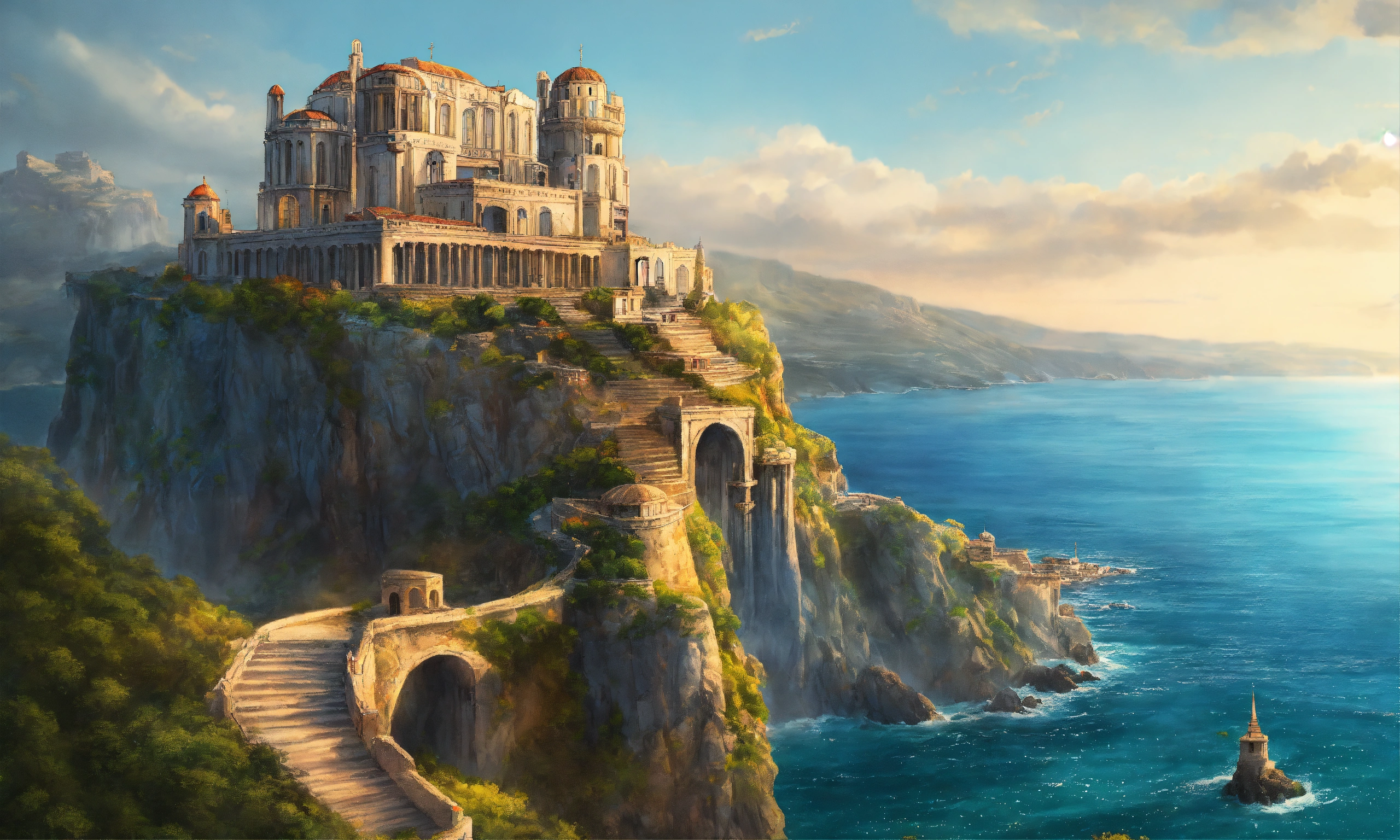 Lexica - Drawing of a fully shown elegant high elf sci fi castle on a ...