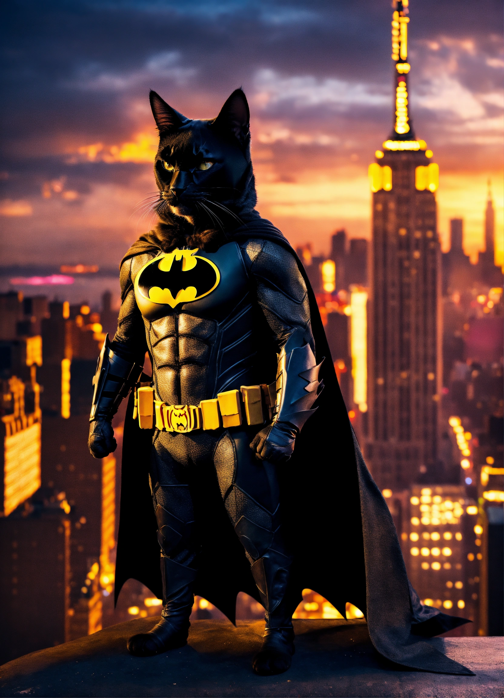 Lexica - A cat wearing a Batman suit at sunset fighting crime in New ...