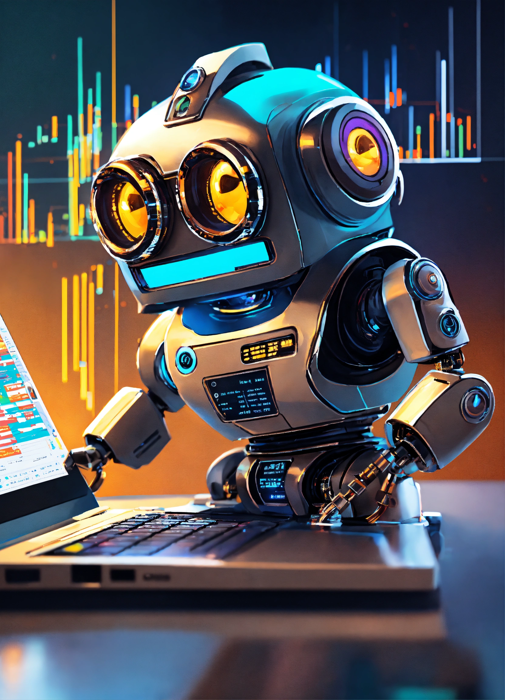Lexica - Cute robot that monitors binary options chart on laptop