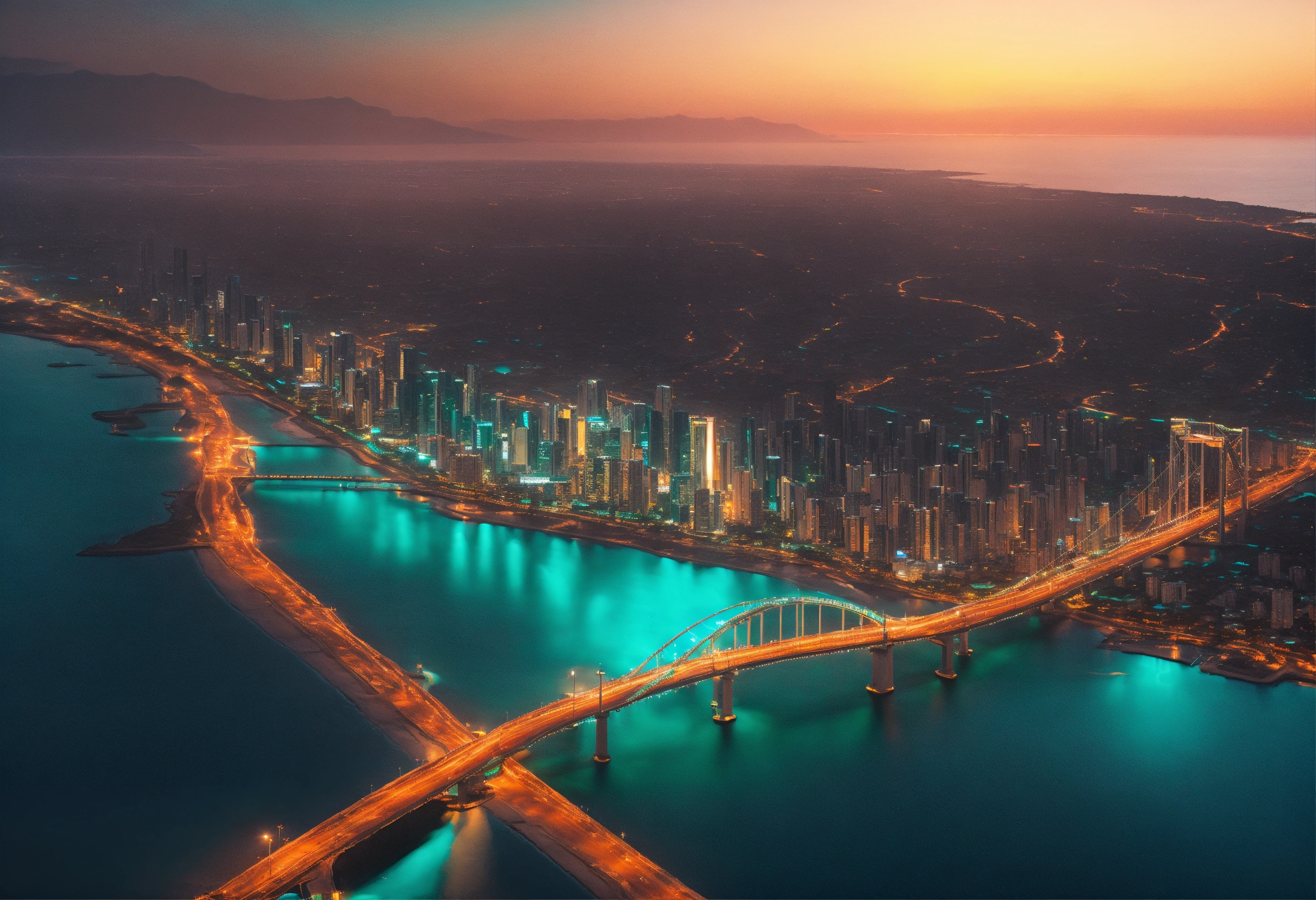 Lexica - Ultra realistic aerial view of a sunset lit teal colored ...