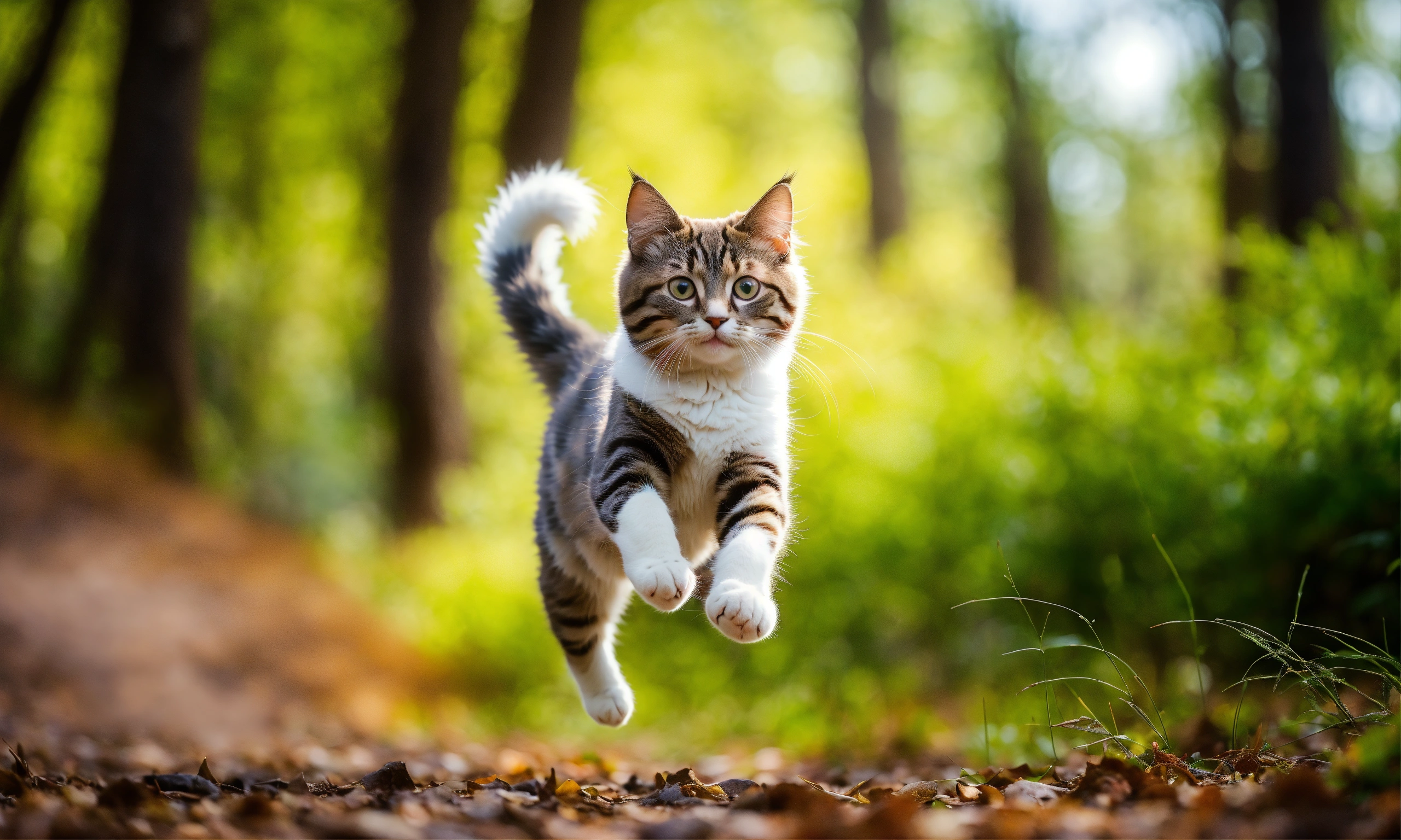 Lexica - Cute jumping cat with four legs, in the behind defocus forest