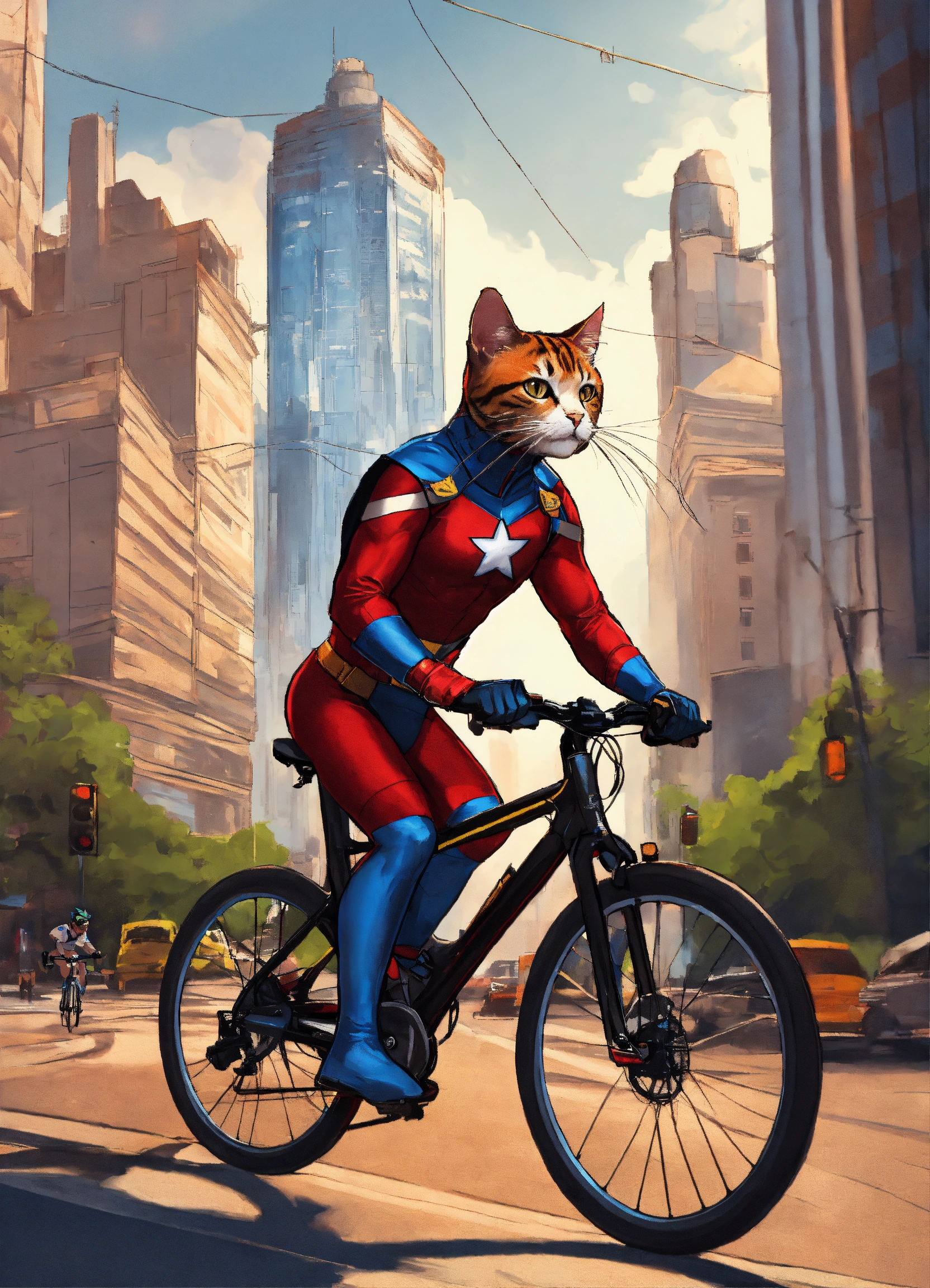 Lexica - Generate a picture of a cat cycling in a superhero costume ...