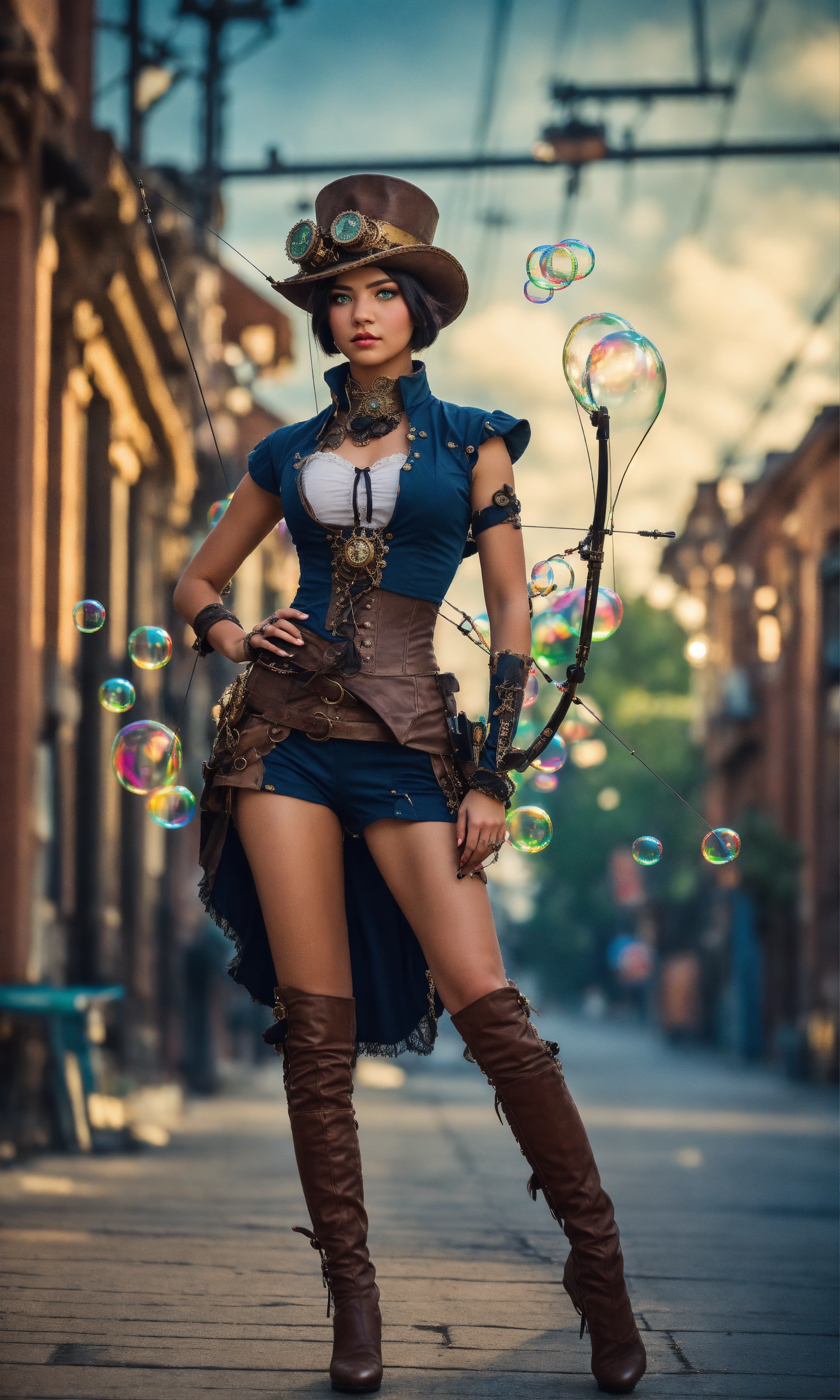 Lexica - American archer girl, eyes big, short and dark blue and beautiful strait hair, standing ...