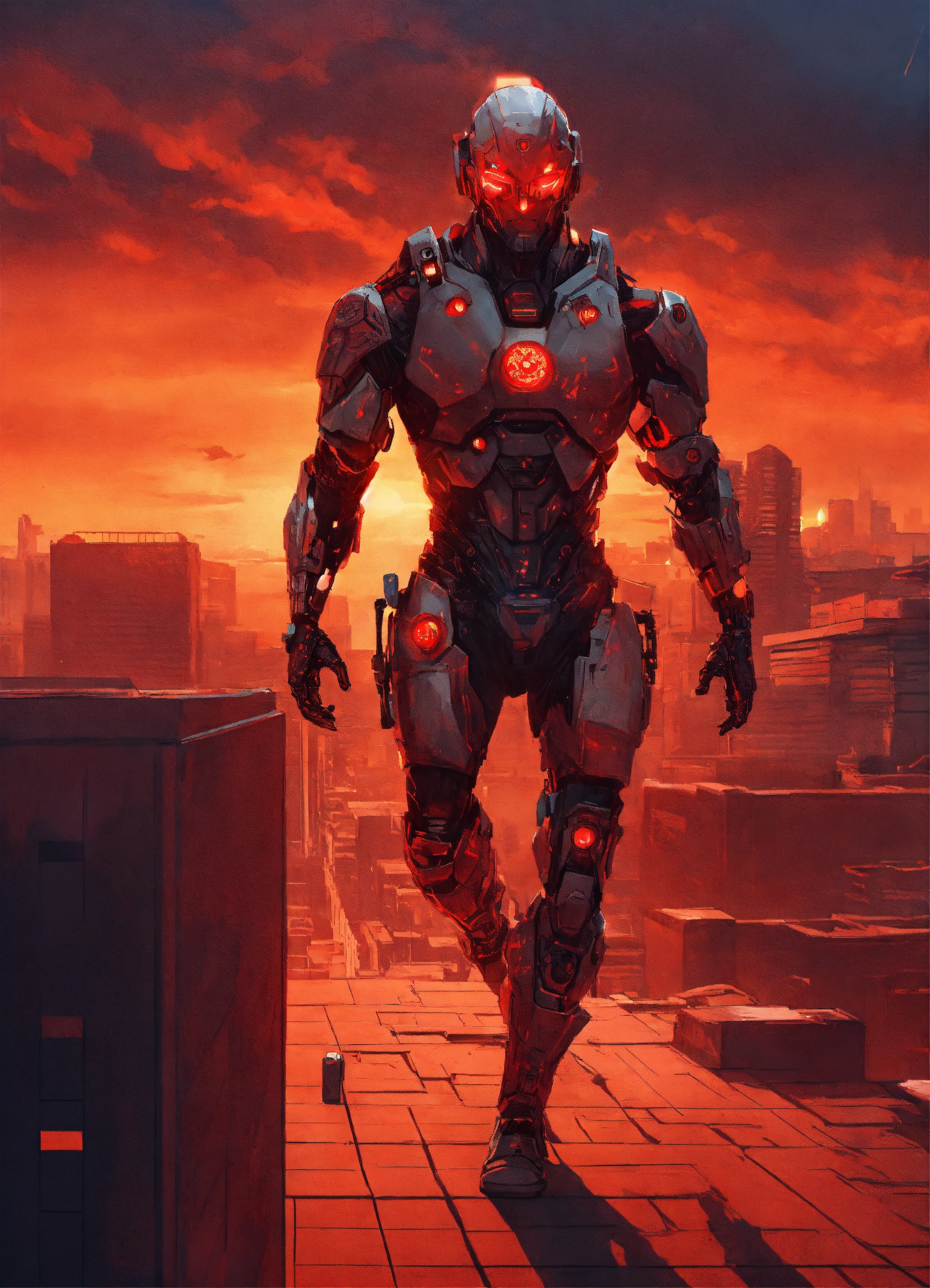 Lexica - An evil cyborg runs forward. the cyborg is on a roof top with ...