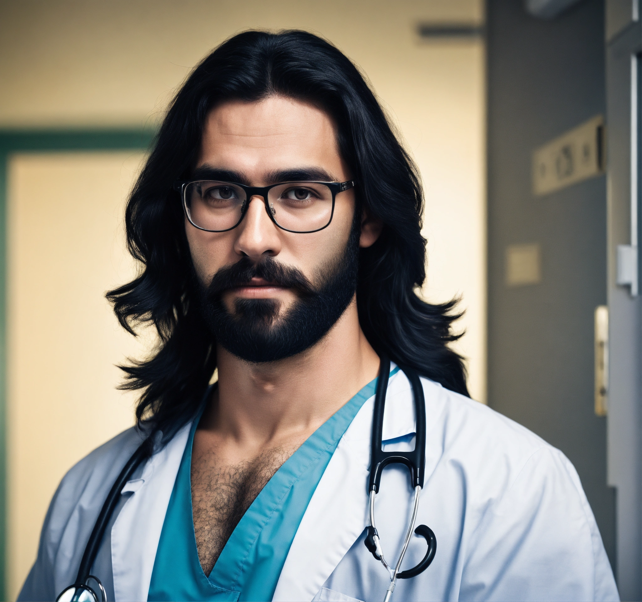 Lexica - Hospital nurse man with black long hair, and thin beard with ...