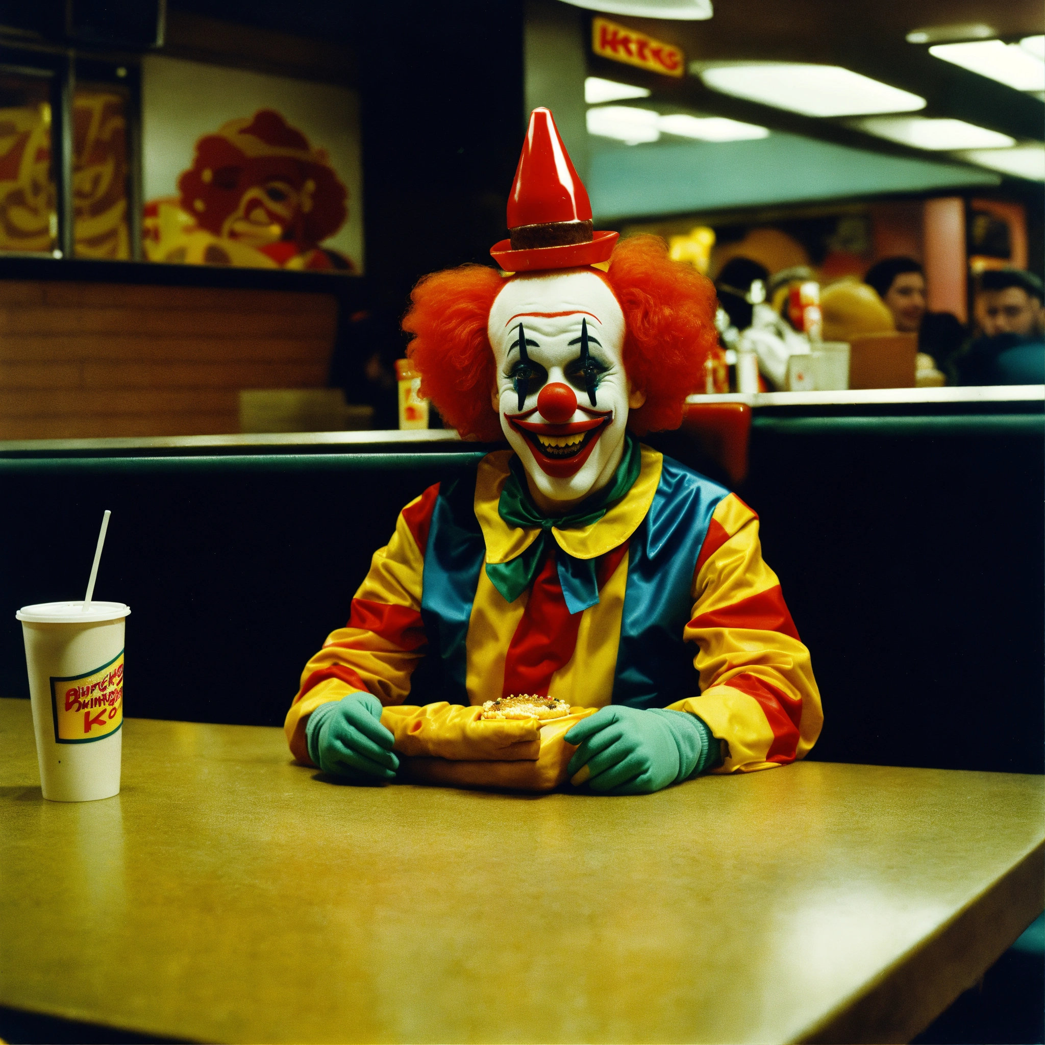 Lexica - A disposable camera photograph of the macdonalds clown stoned ...