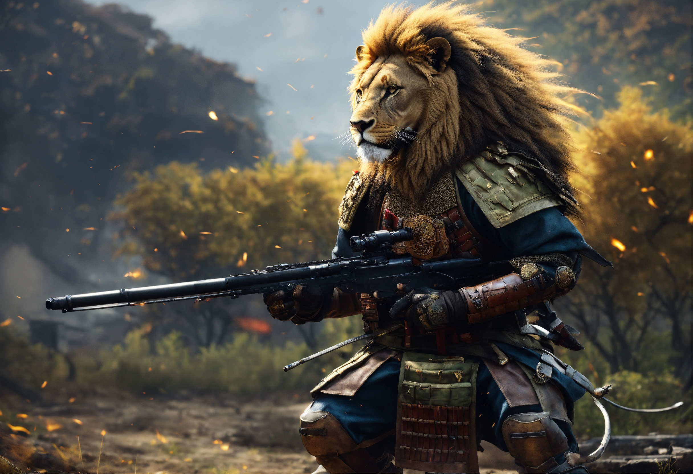 Lexica - Lion ronin. Battlefield. Hyper realistic.