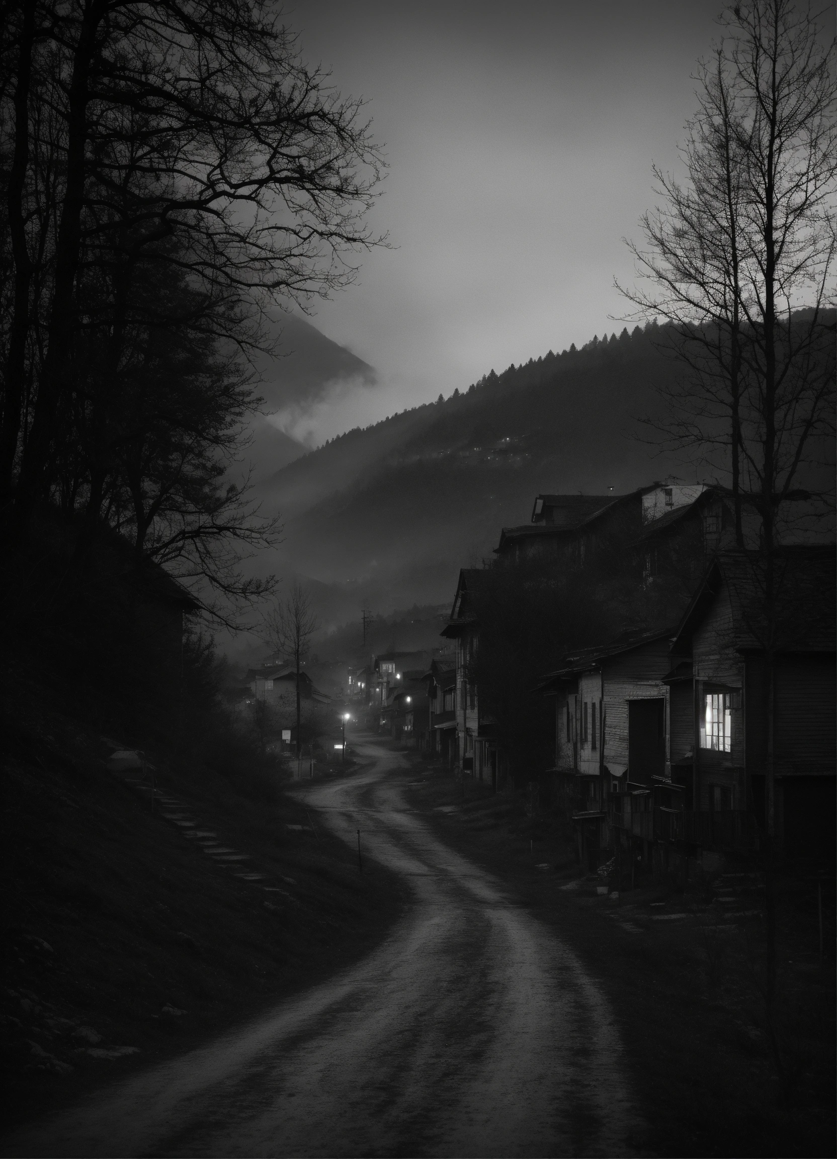 Lexica - Old small town in forrest, hills, mountains, trees, night ...