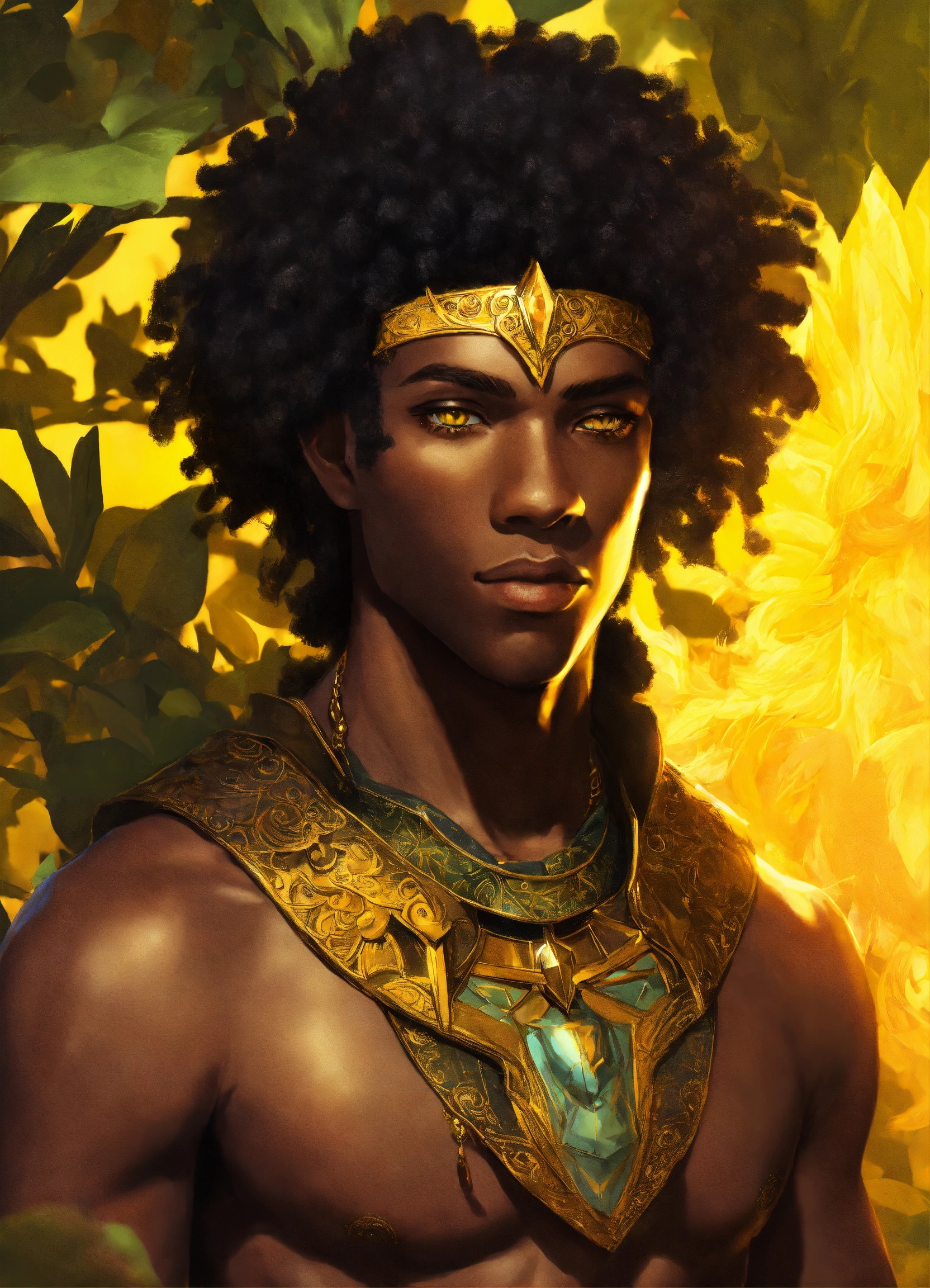 Lexica - A black male sun elf with hazel eyes, medium wazy yellow hair