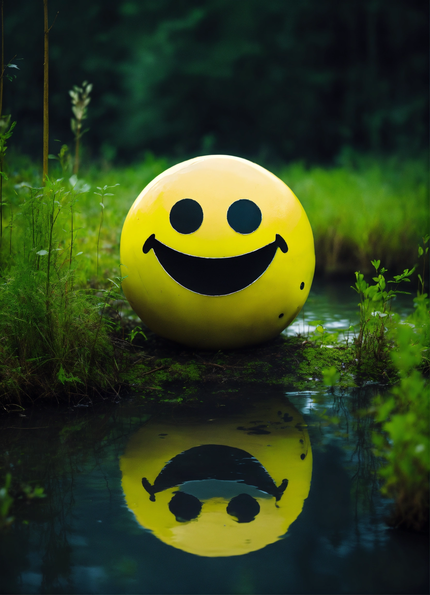 Lexica - Floating creepy smiley face in swamp dark estetic