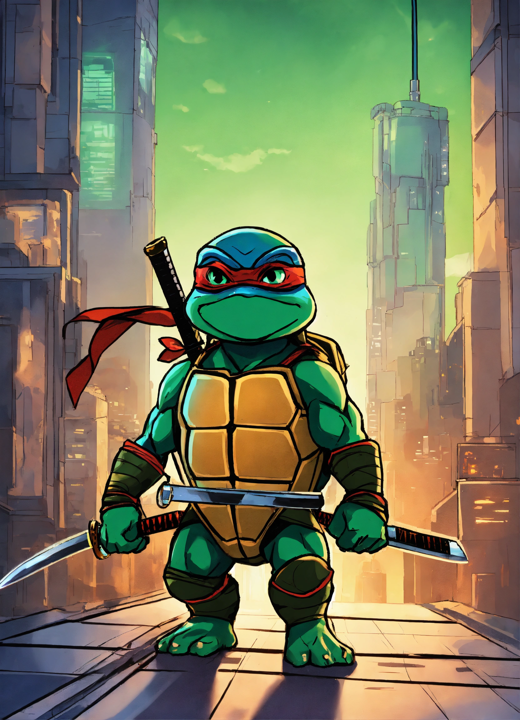Lexica - A chibi ninja turtle with a green eye band and katana in ...