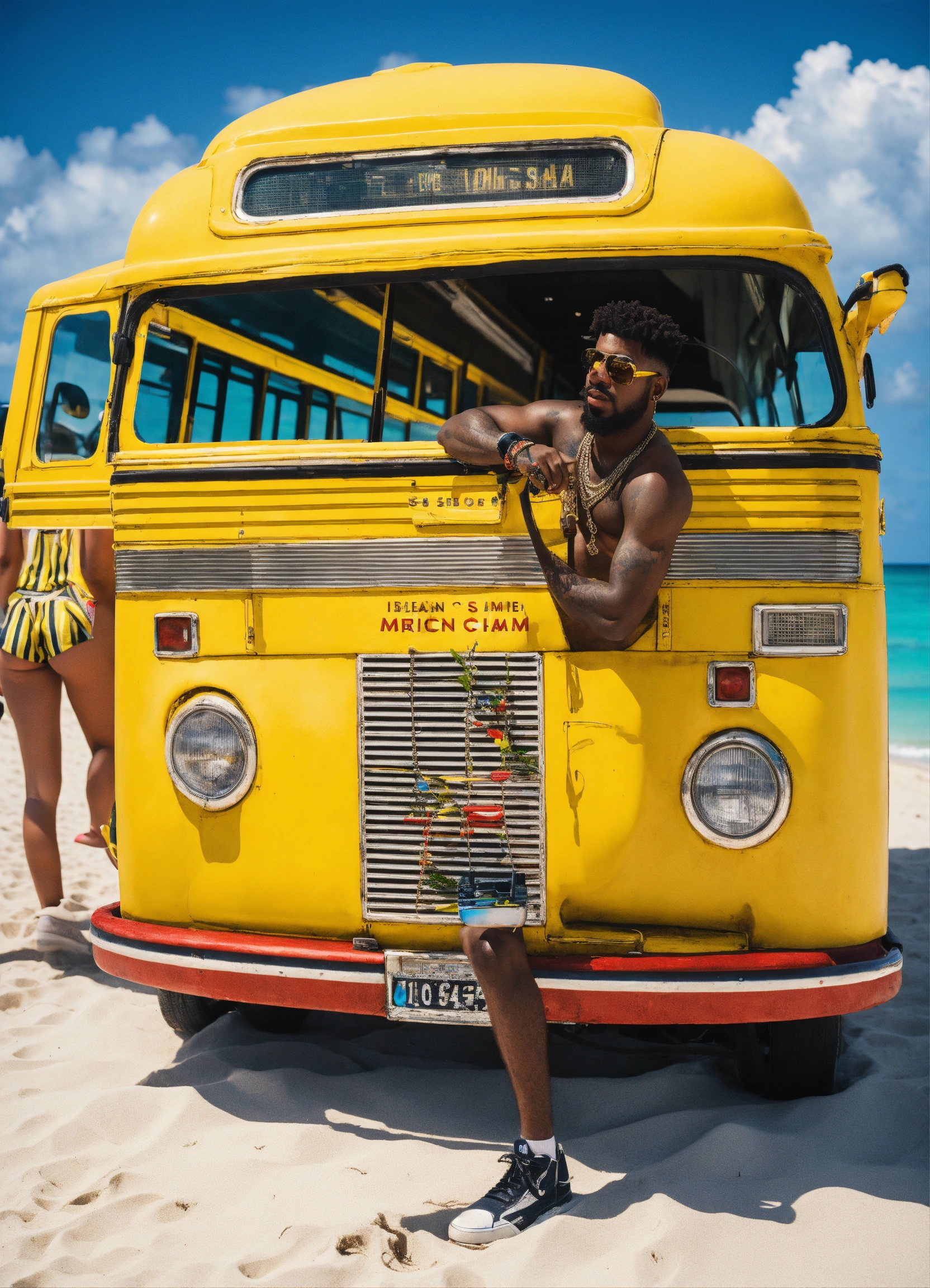Lexica - Iper realistic american yellow bus in Miami Bech with rapper ...