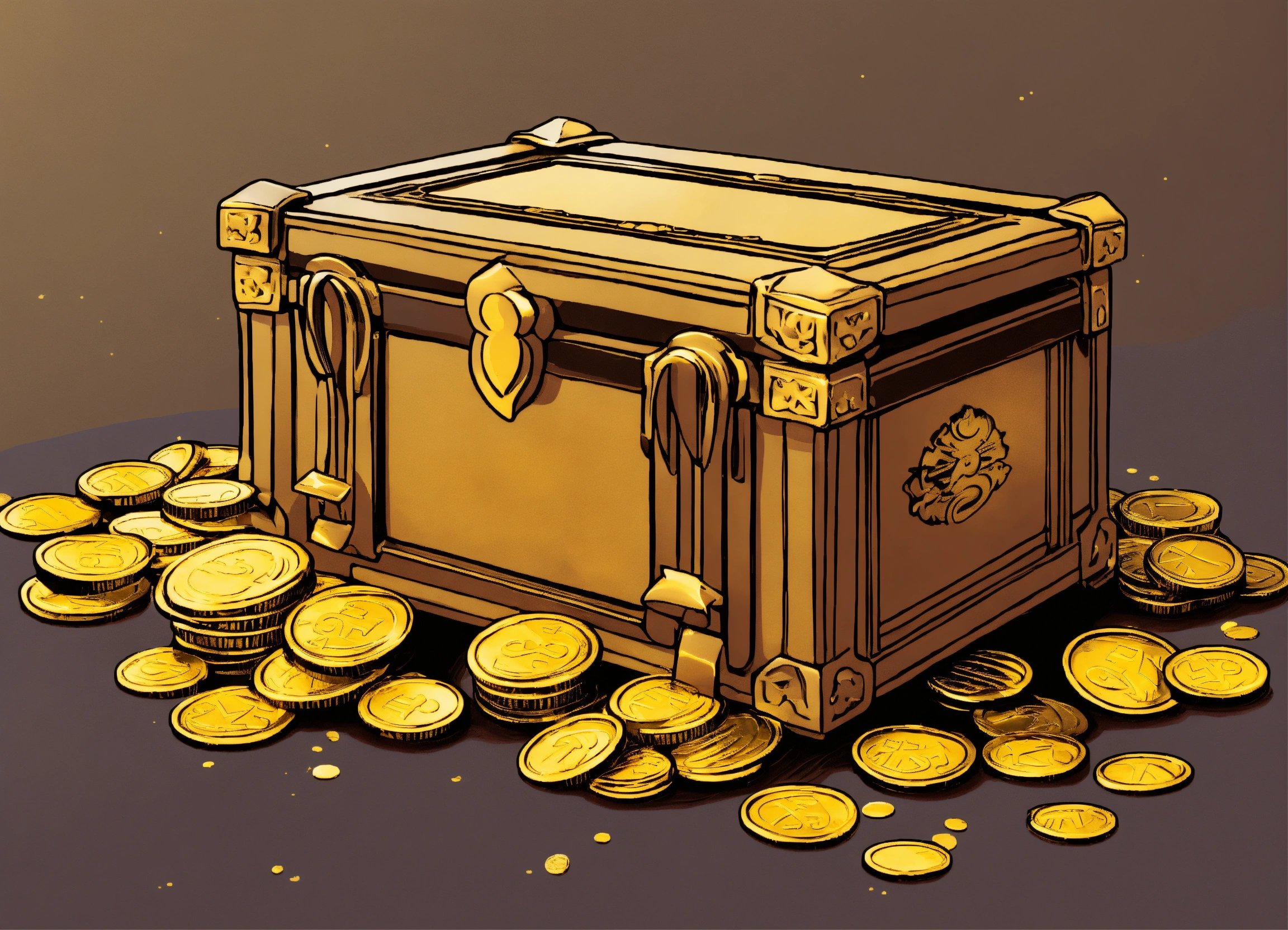 Lexica - A fantasy coffer of gold coins, in graphic novel art form