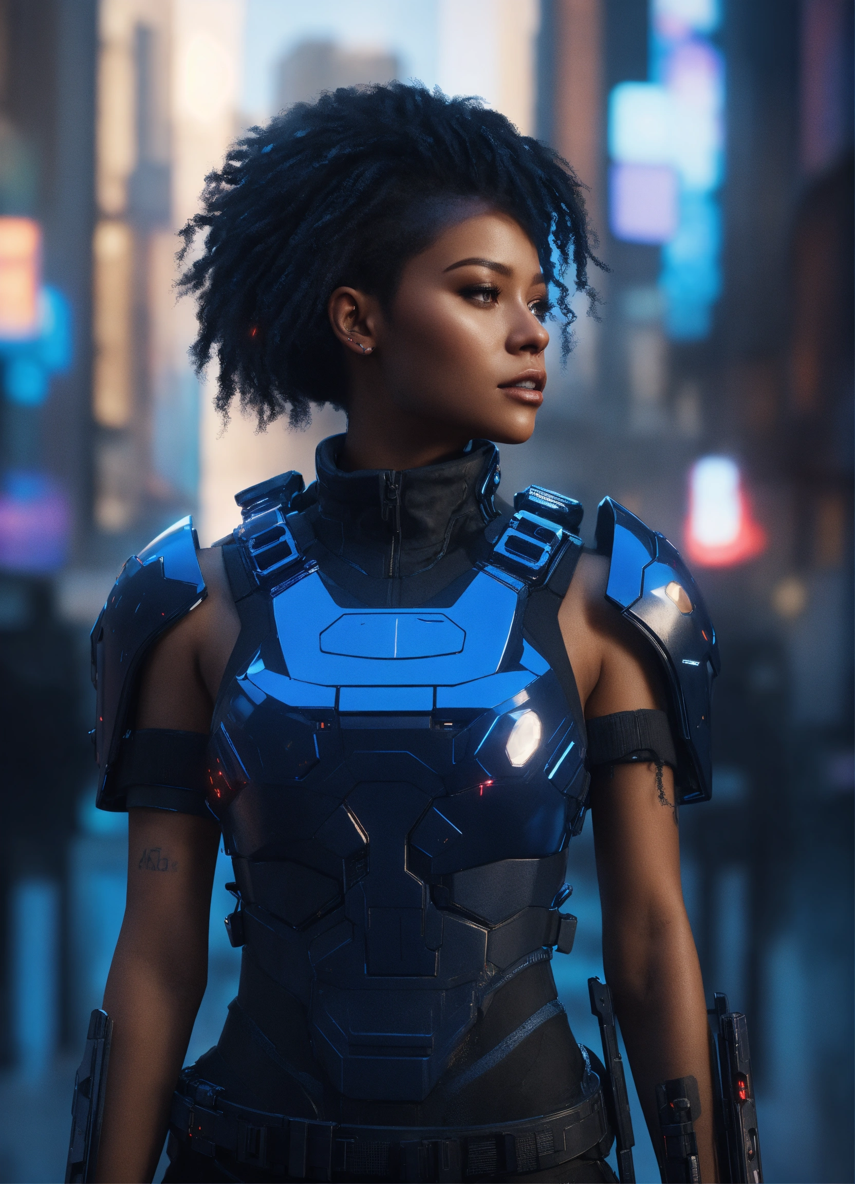 Lexica - A beautiful black woman wearing navy blue body armor ...