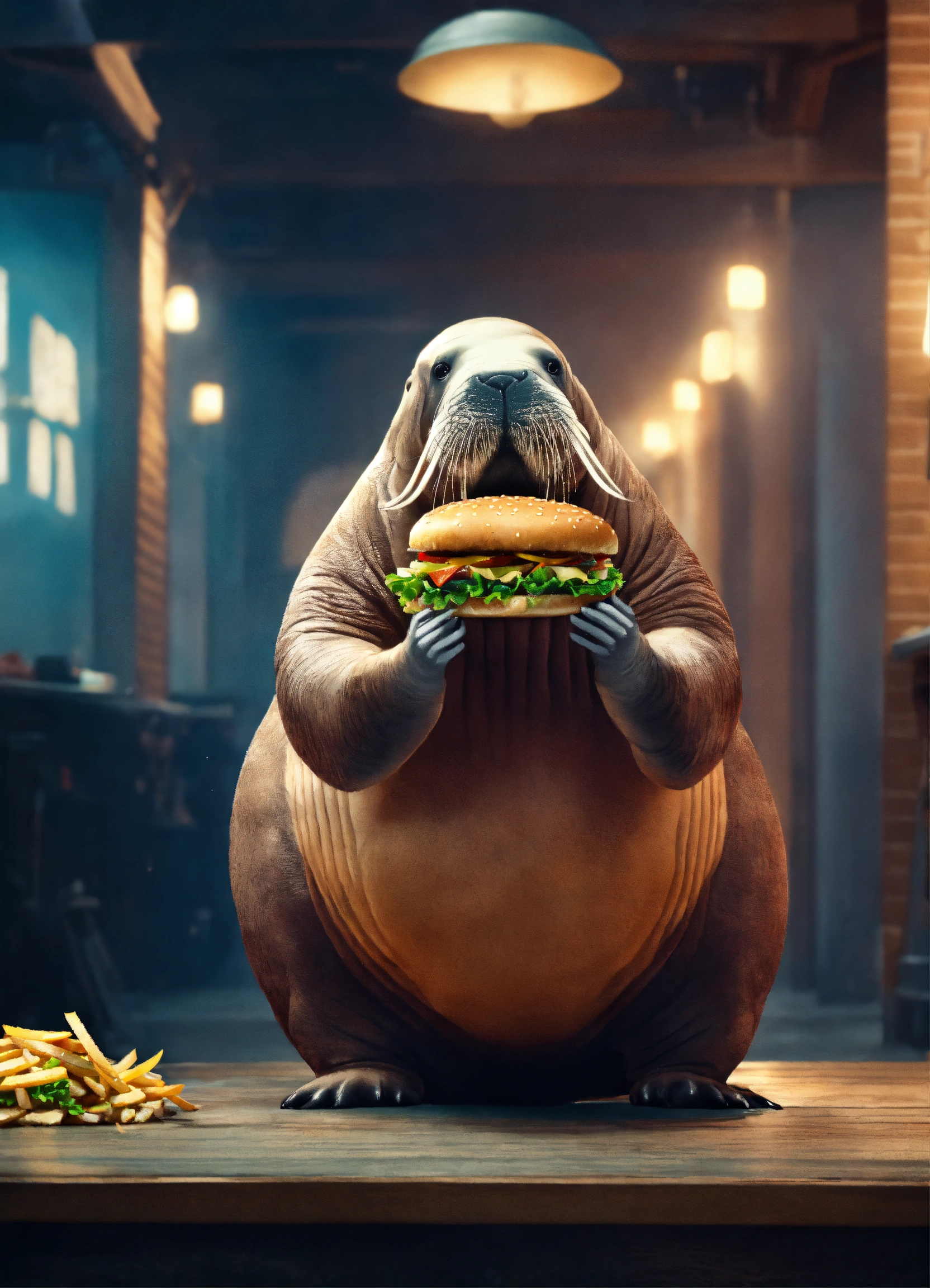 Lexica - A walrus standing on 2 legs, eating hamburger, motion capture, 8k
