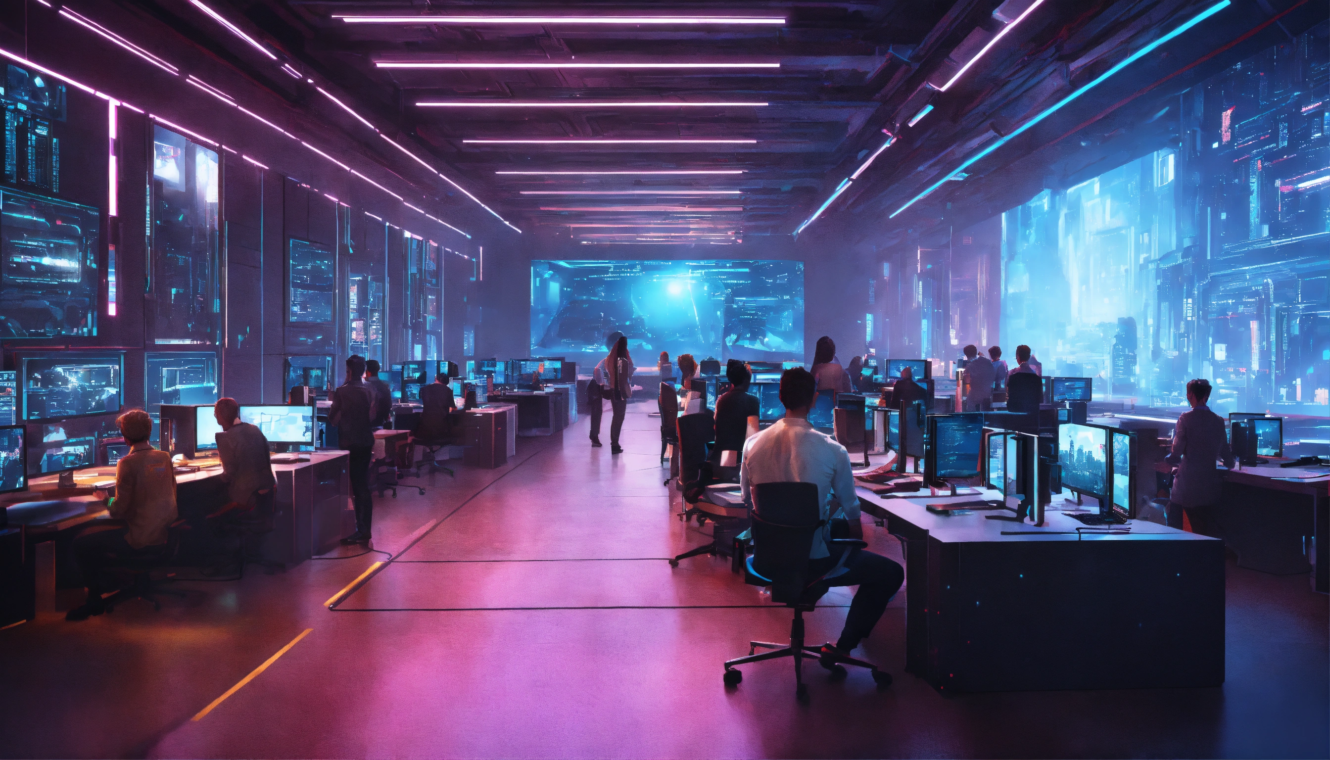 Lexica - People in futuristic workplace, computers, hologram, zoom out ...