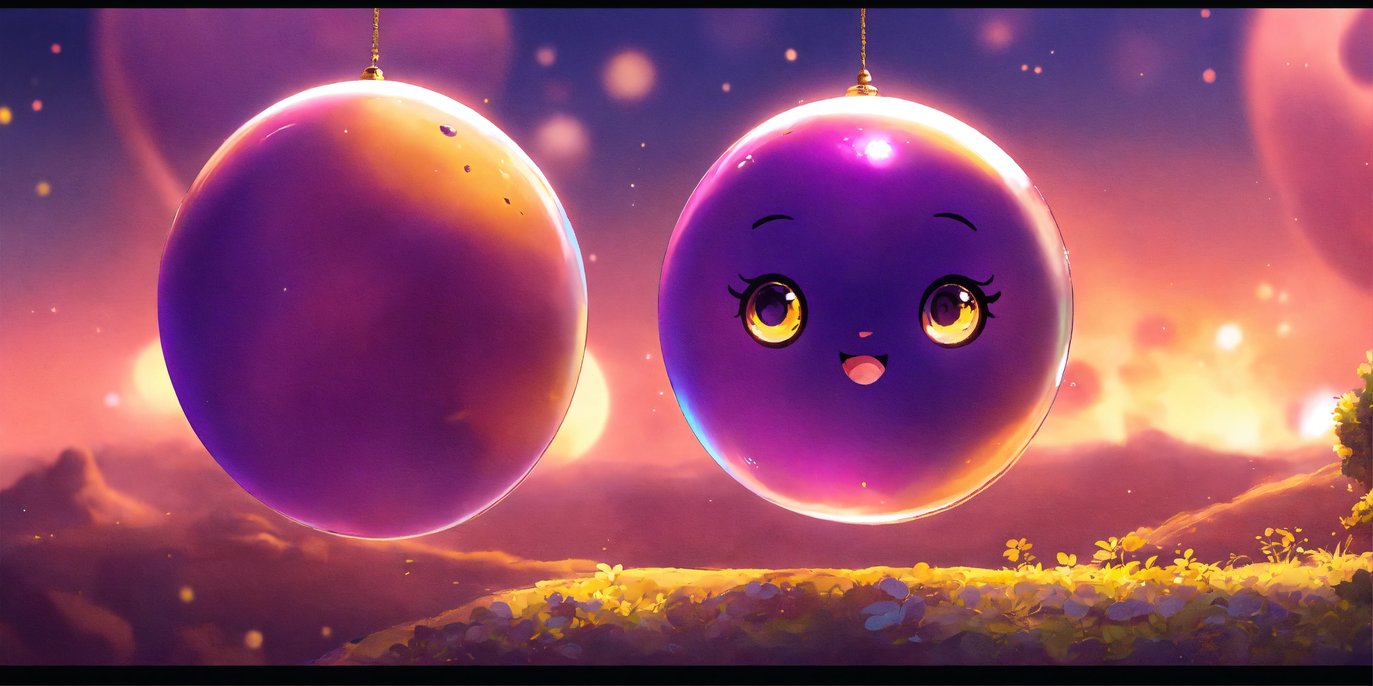 Lexica - Bubble ball, purple body, yellow moon on the forehead, cute, smile, big eyes,