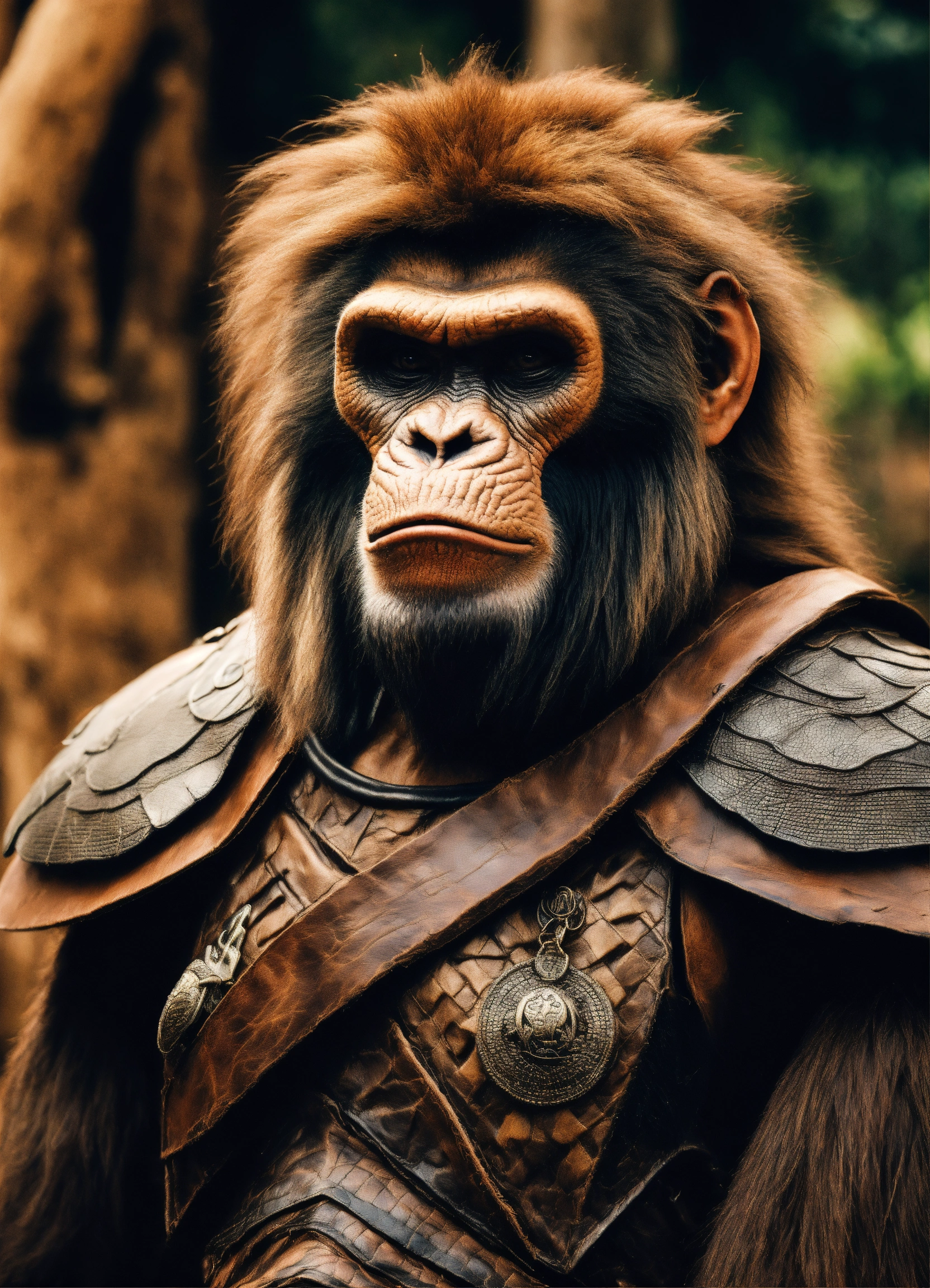 Lexica - An old ape in leather armour with hair, in the style of matte ...
